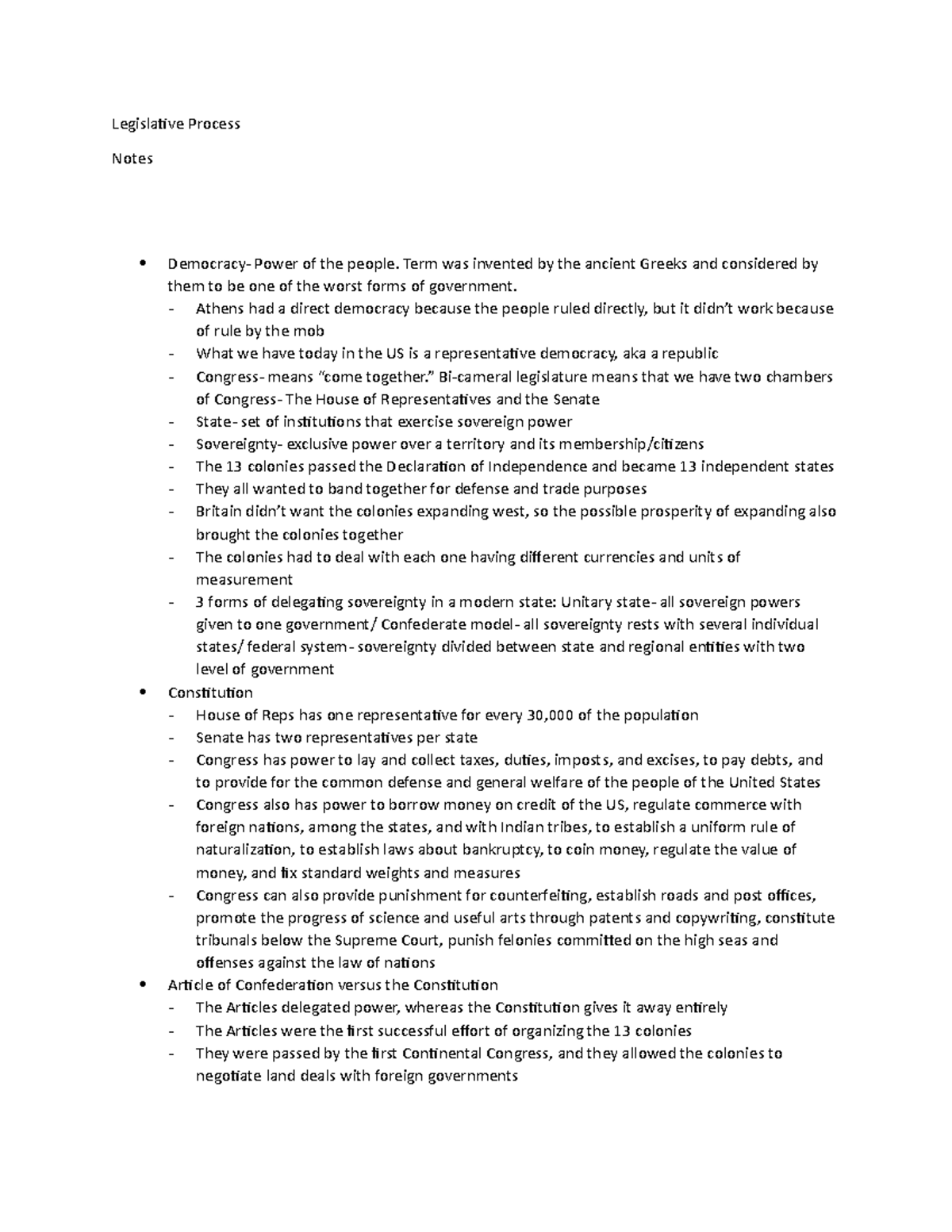 Legislative Process Notes - Legislative Process Notes Democracy- Power ...