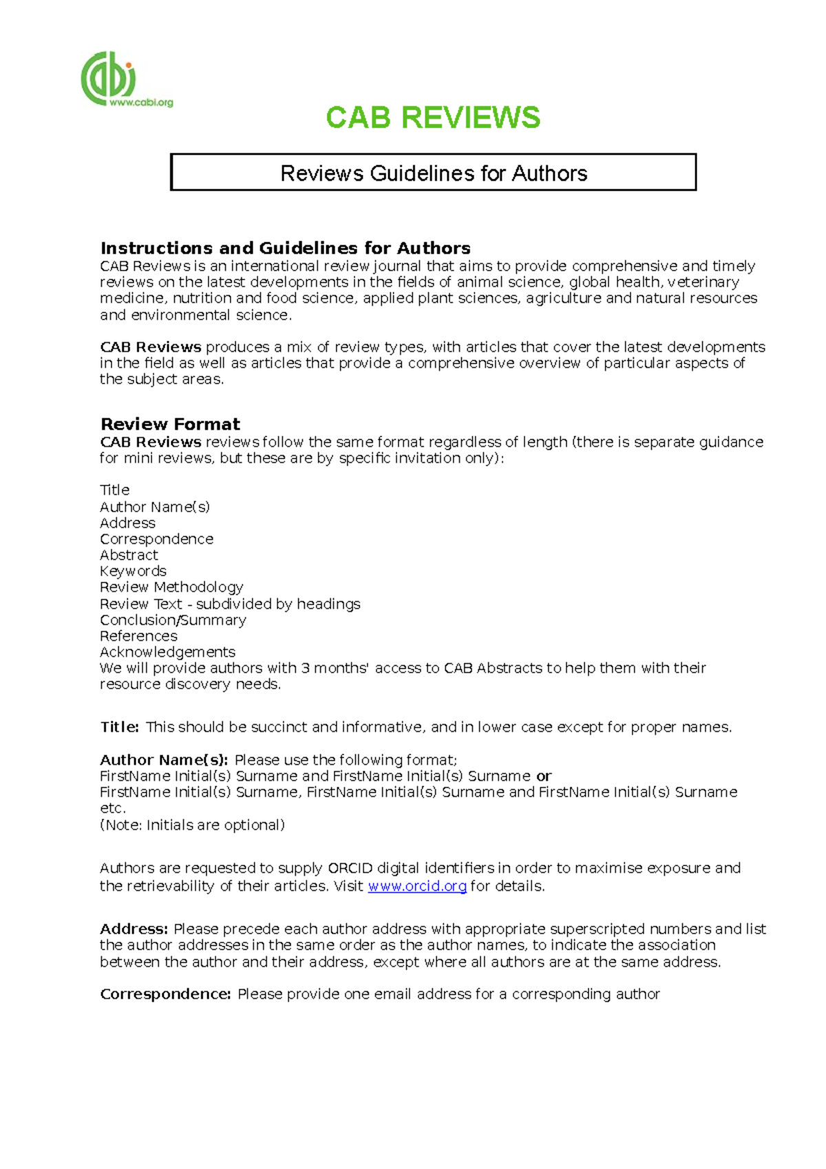 Cab reviews guidelines for authors - CAB REVIEWS Reviews Guidelines for ...
