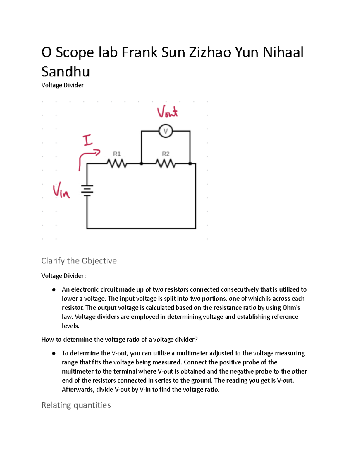 O Scope lab.docx (1) - lab for week 1 - O Scope lab Frank Sun Zizhao Yun Nihaal Sandhu Voltage ...