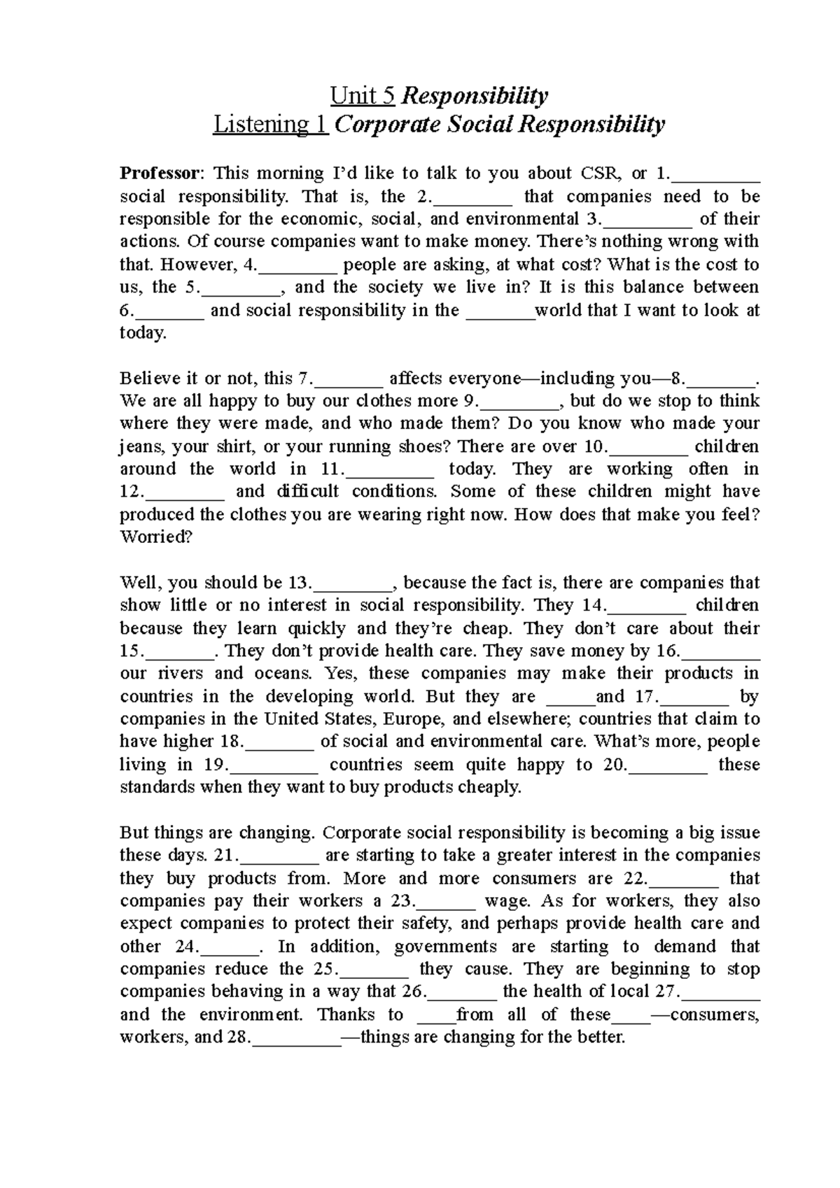 U5 - Tham khảo - Unit 5 Responsibility Listening 1 Corporate Social ...