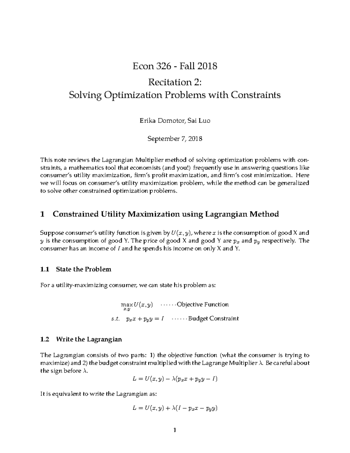 Recitation 2 Constrained Optimization - Econ 326 - Fall 2018 Recitation ...