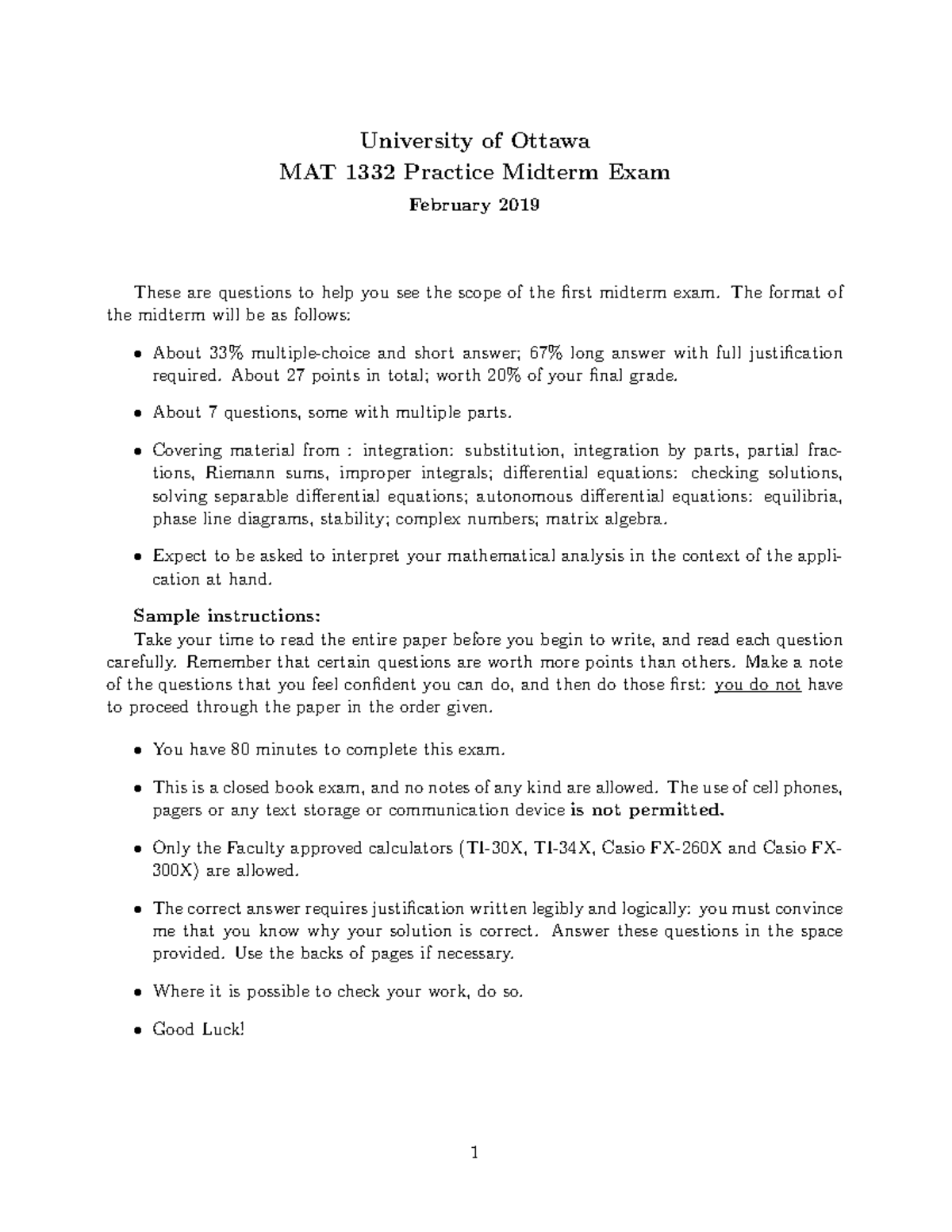 Practice midterm 1 B - GREGER - University of Ottawa MAT 1332 Practice ...