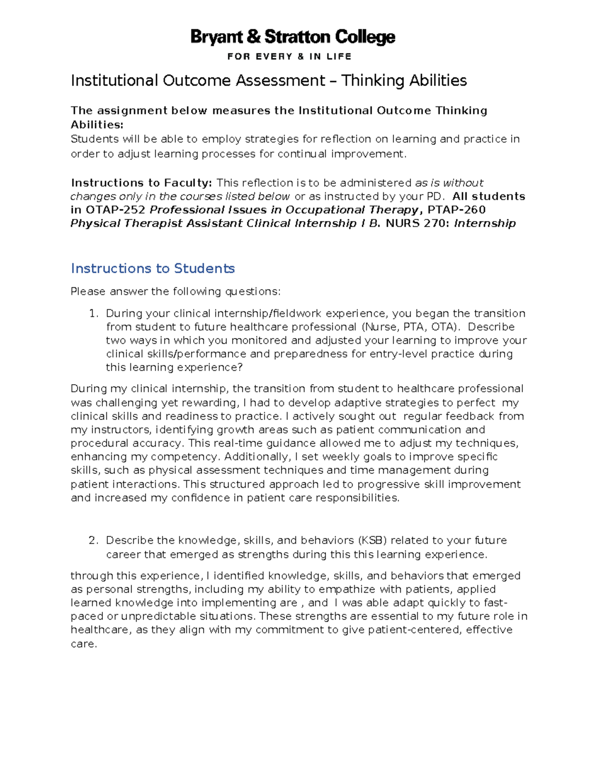 Thinking Abilities for Clinical - Institutional Outcome Assessment ...