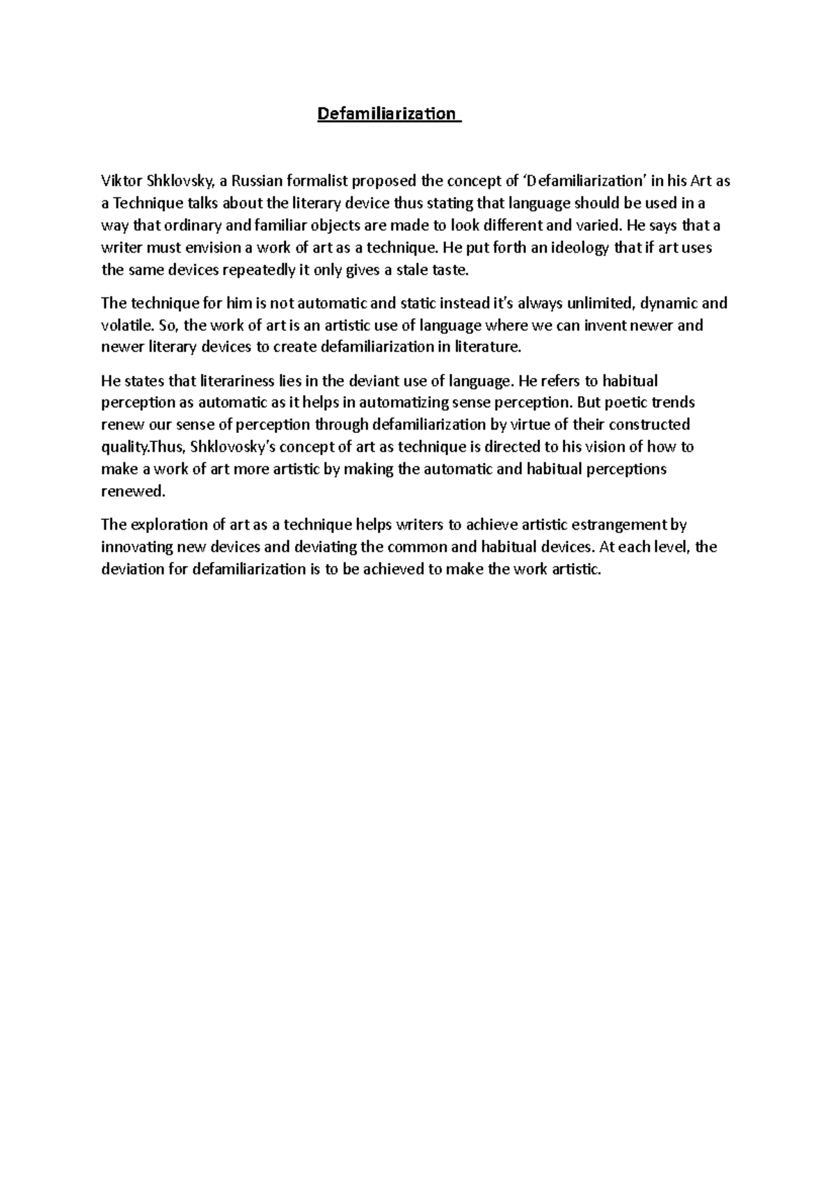 Defamiliarization - Defamiliarization Viktor Shklovsky, a Russian ...