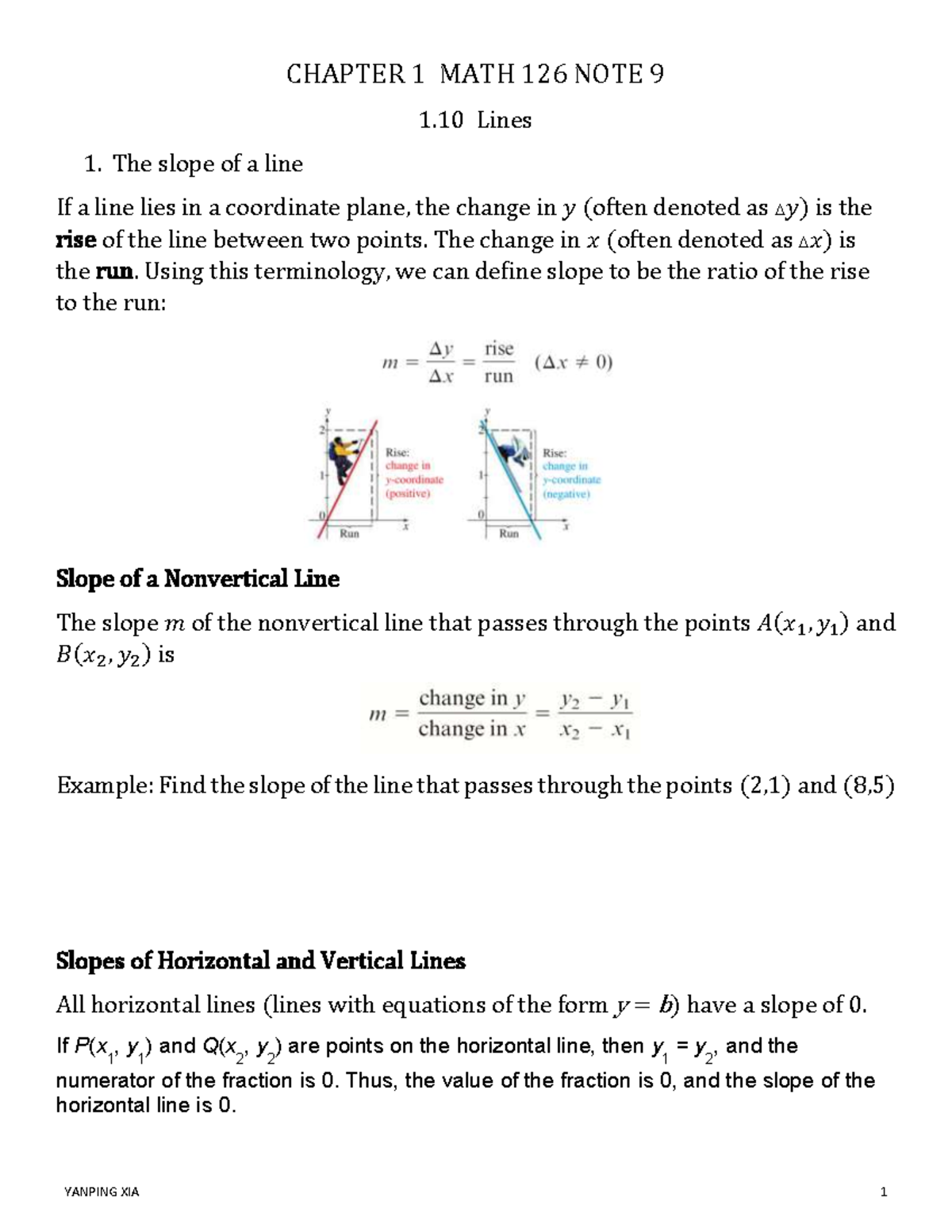 Math 126 CX Handouts 1.10 New - CHAPTER 1 MATH 126 NOTE 9 1 Lines The ...