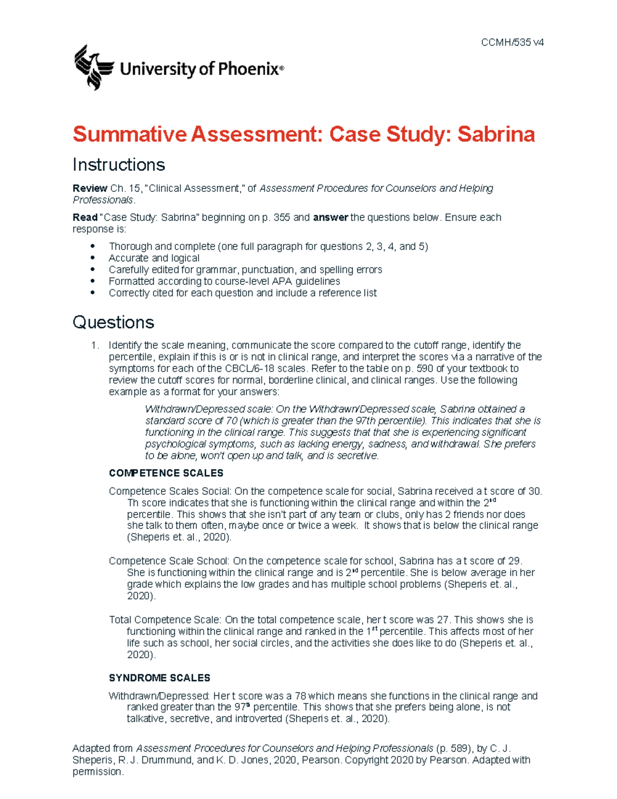 Ccmh535 v4 wk6 summative assessment case study sabrina - Revised 2023-06-13 - CCMH/535 v ...