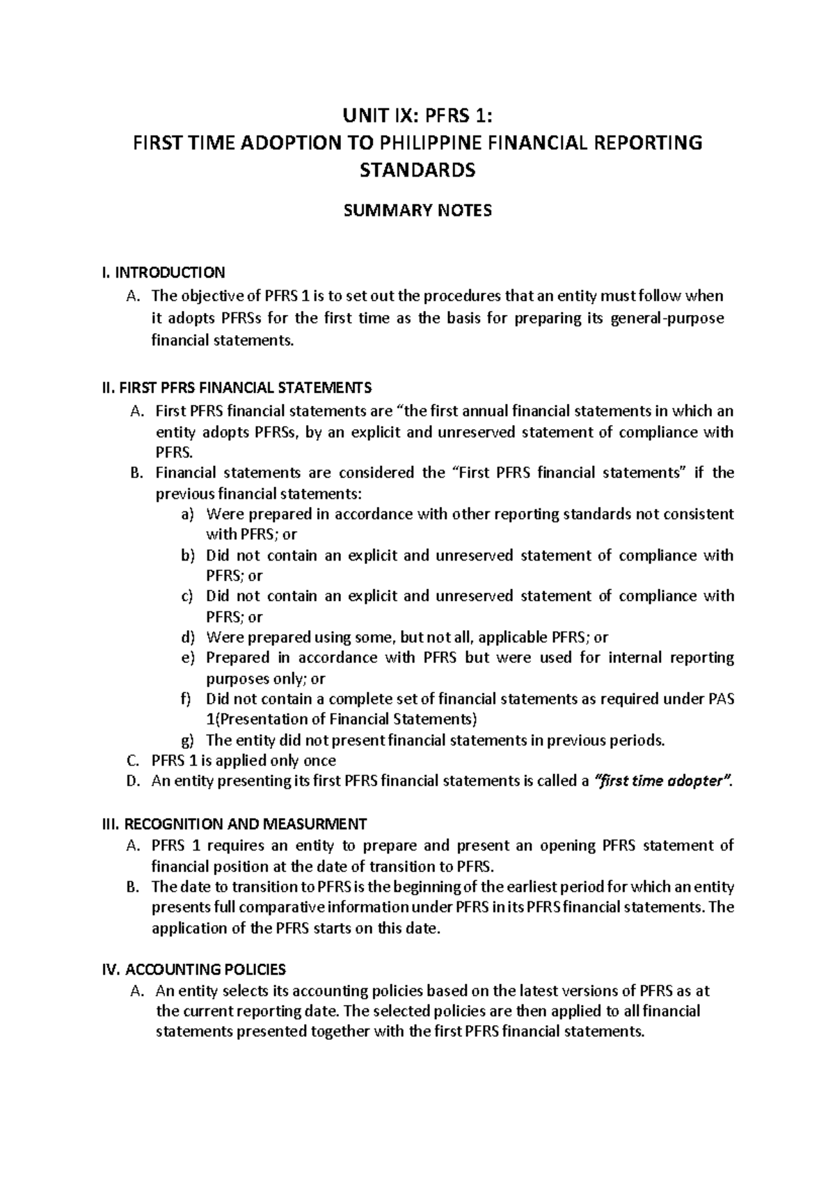 PFRS 1 Miral UNIT 9 Summary Notes - UNIT IX: PFRS 1: FIRST TIME ...