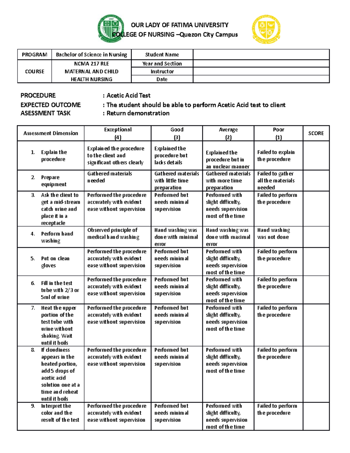 Rubrics Acetic ACID TEST 1 - OUR LADY OF FATIMA UNIVERSITY COLLEGE OF ...