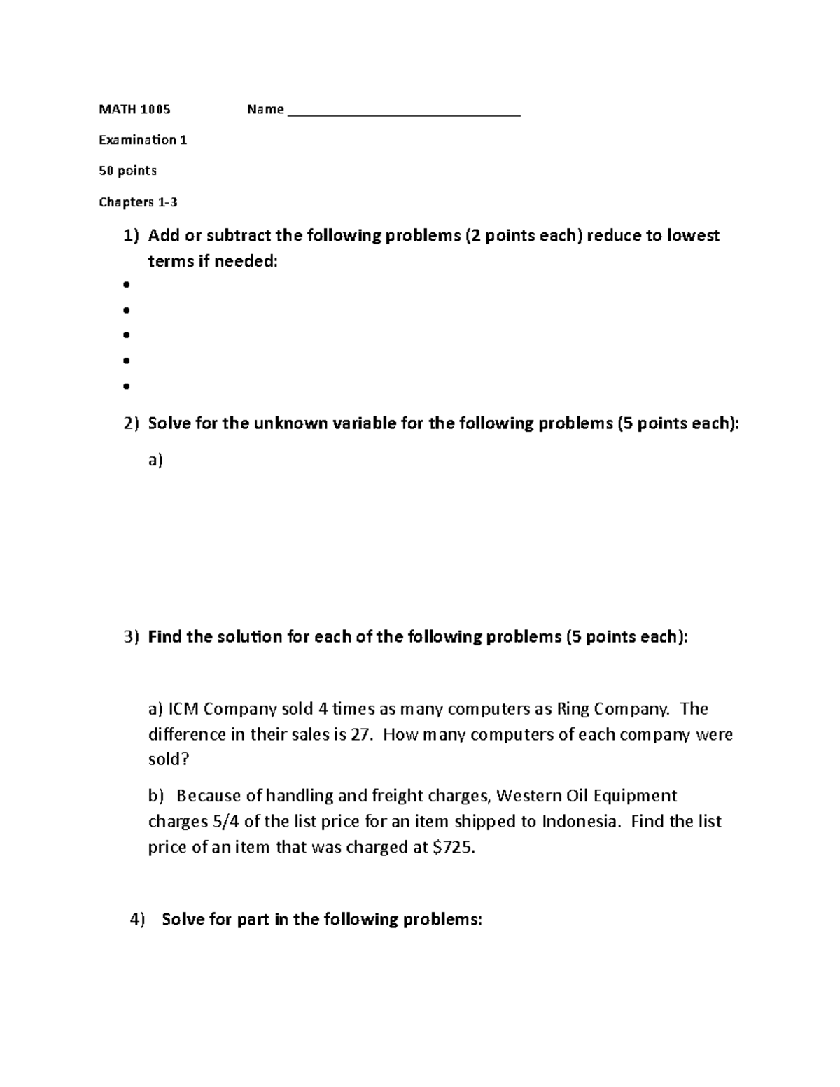 Math1005exam1s22 - math practice sheets - MATH 1005 Name ...