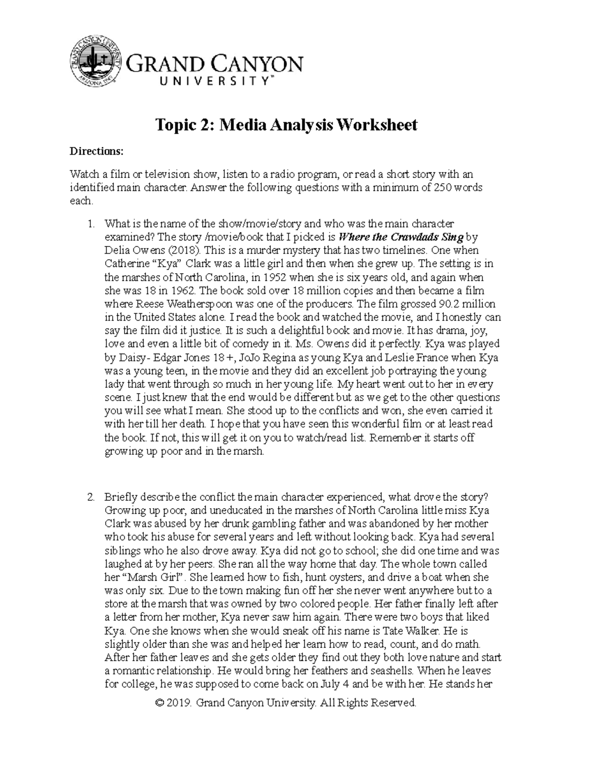 Where the crawdads sing - Topic 2: Media Analysis Worksheet Directions ...
