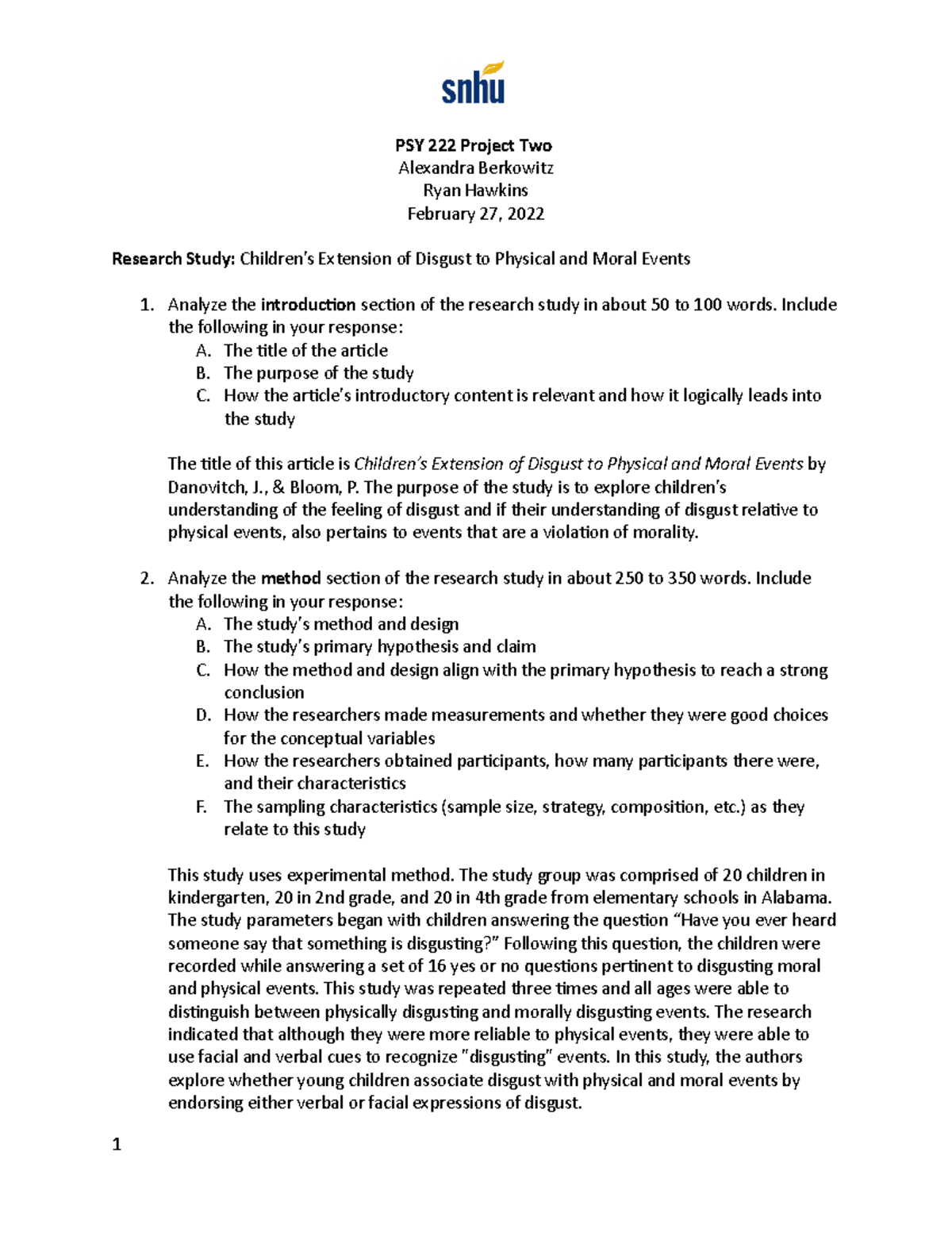 PSY222 Project Two - PSY 222 Project Two Alexandra Berkowitz Ryan ...