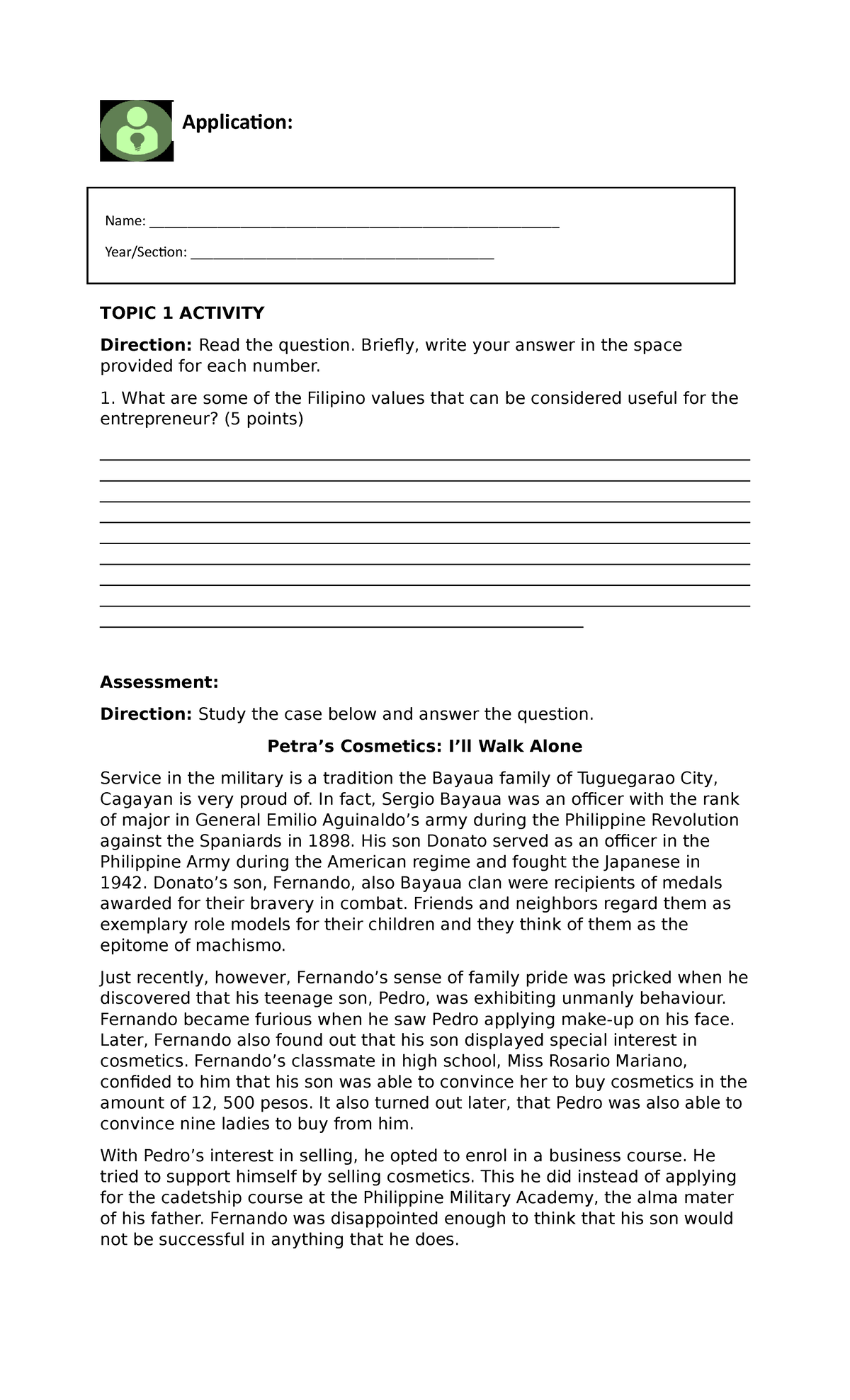 Entrep Midterm Unit 2 Activities - TOPIC 1 ACTIVITY Direction: Read the ...