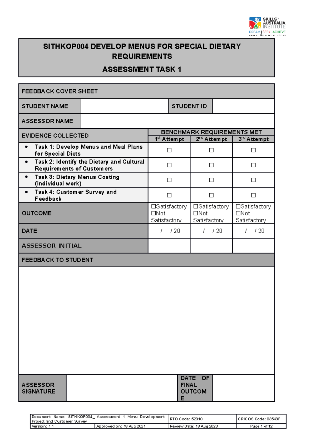 Sithkop 004 Assessment 1 Menu Development Project and Customer Survey ...