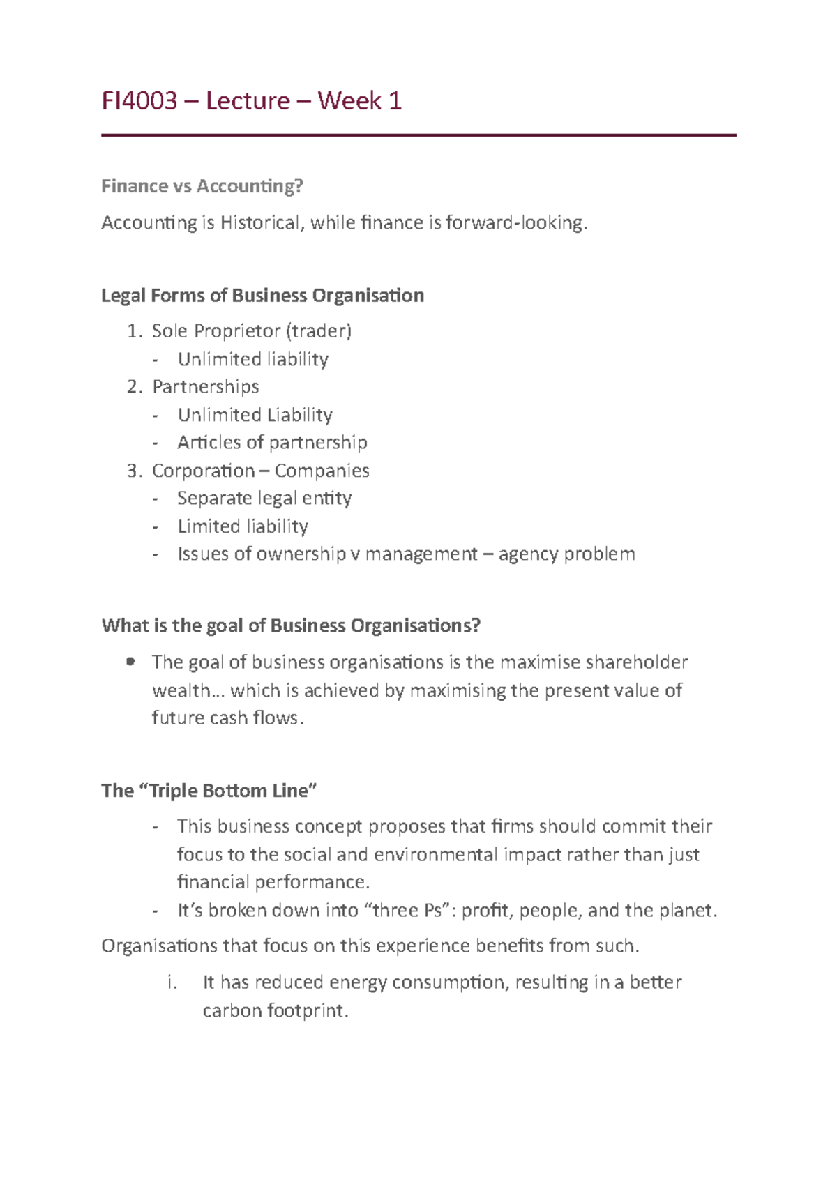 FI4003 - Lecture 1 and 2 - Week 1 - FI4003 – Lecture – Week 1 Finance ...