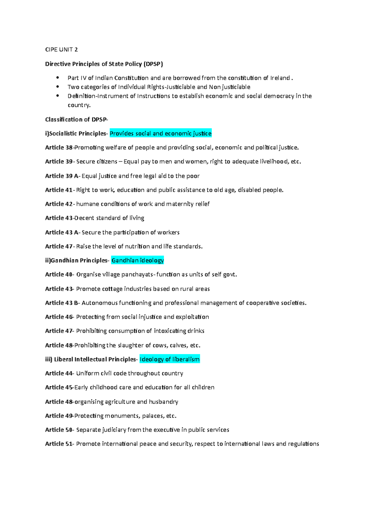 CIPE UNIT 2 short notes - CIPE UNIT 2 Directive Principles of State ...