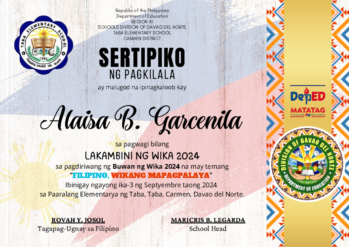 Sertipiko NG Pagkilala 2024 - SERTIPIKO NG PAGKILALA Department of ...