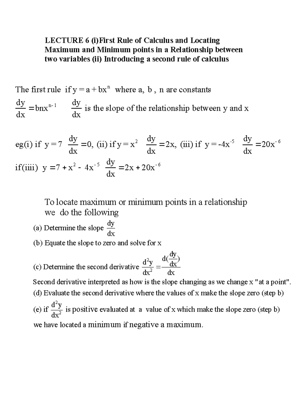Lecture 6 Ec102First Rule of Calculus - LECTURE 6 (i)First Rule of ...