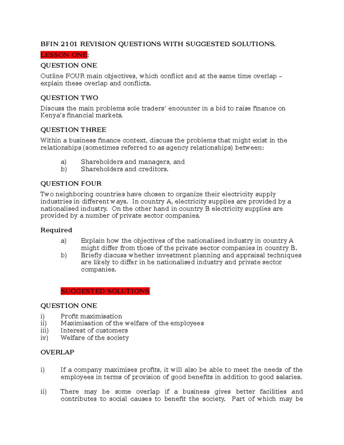 BFIN 2101 Lesson ONE Revision Questions WITH Suggested Solutions - BFIN ...