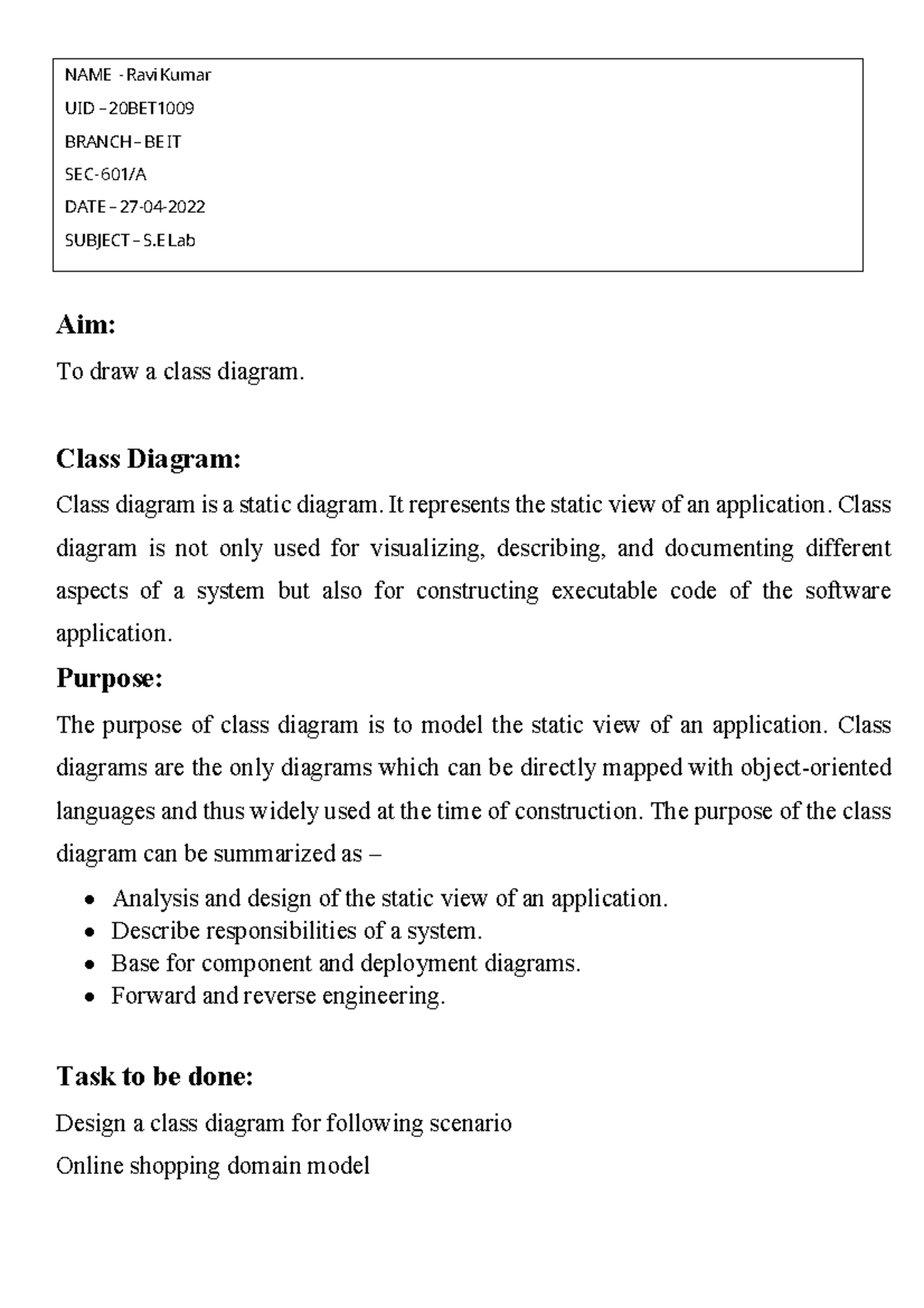 Experiment 2.4 Qn 2 - Software Engineering Lab Worksheet - Aim: To draw a class diagram. Class ...