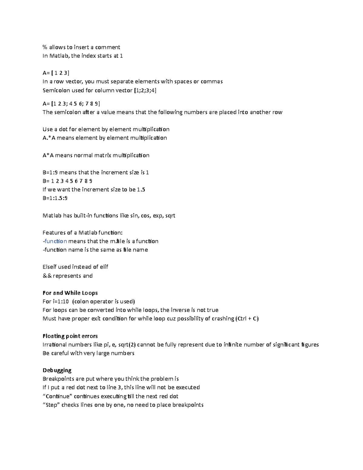 Notes Matlab - Summary of the professor's coursepack - allows to insert ...