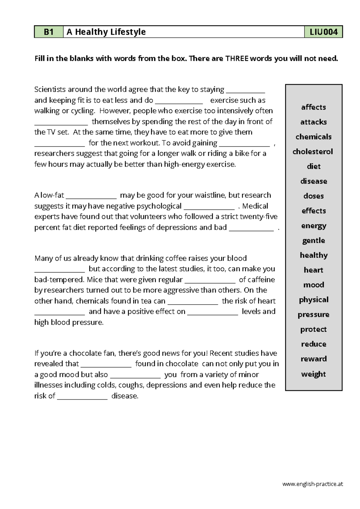 English Vocabulary Worksheets - english-practice B 1 A Healthy ...