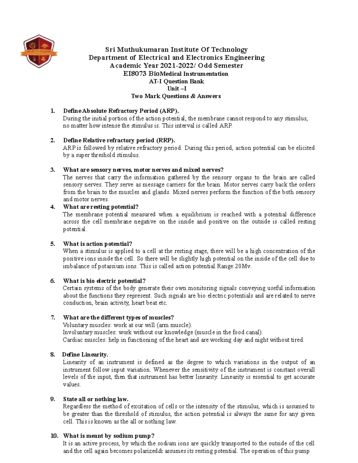 EI8073 BMI AT I Qn bank - Biomedical engineering - Studocu