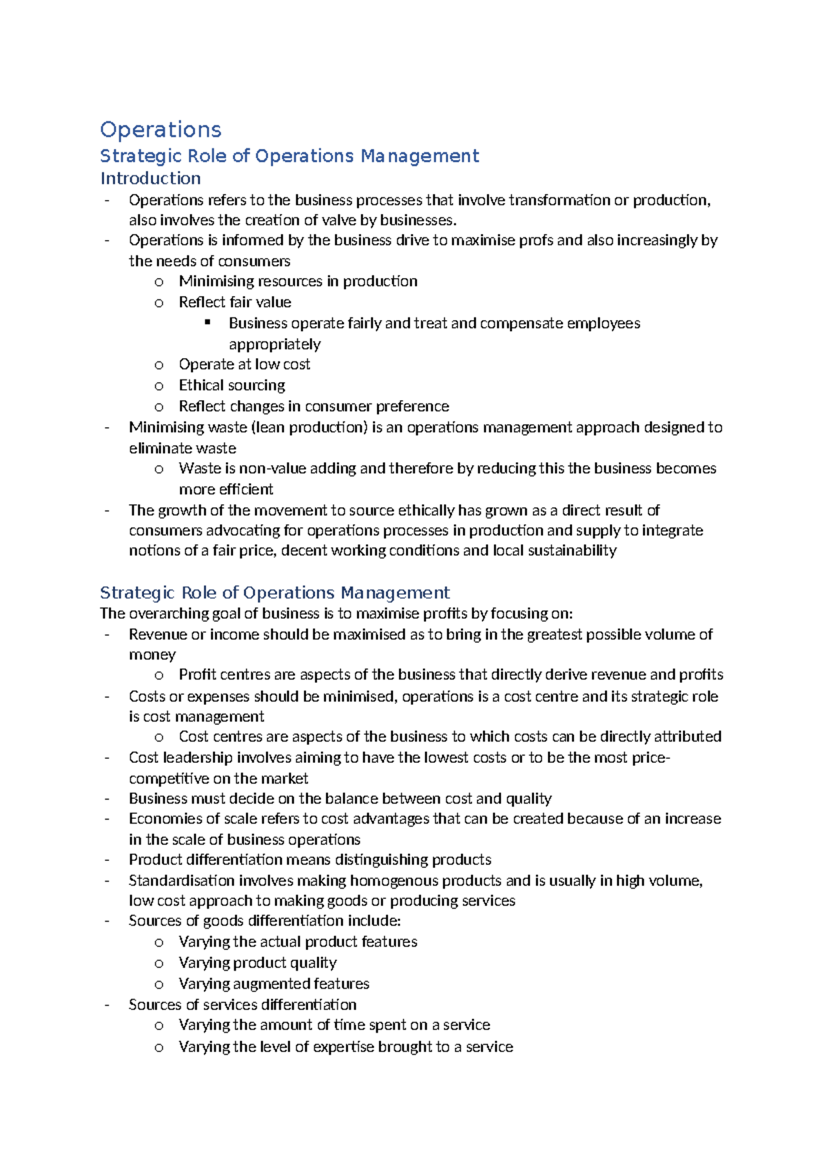 Business Studies Notes - Operations Strategic Role of Operations ...