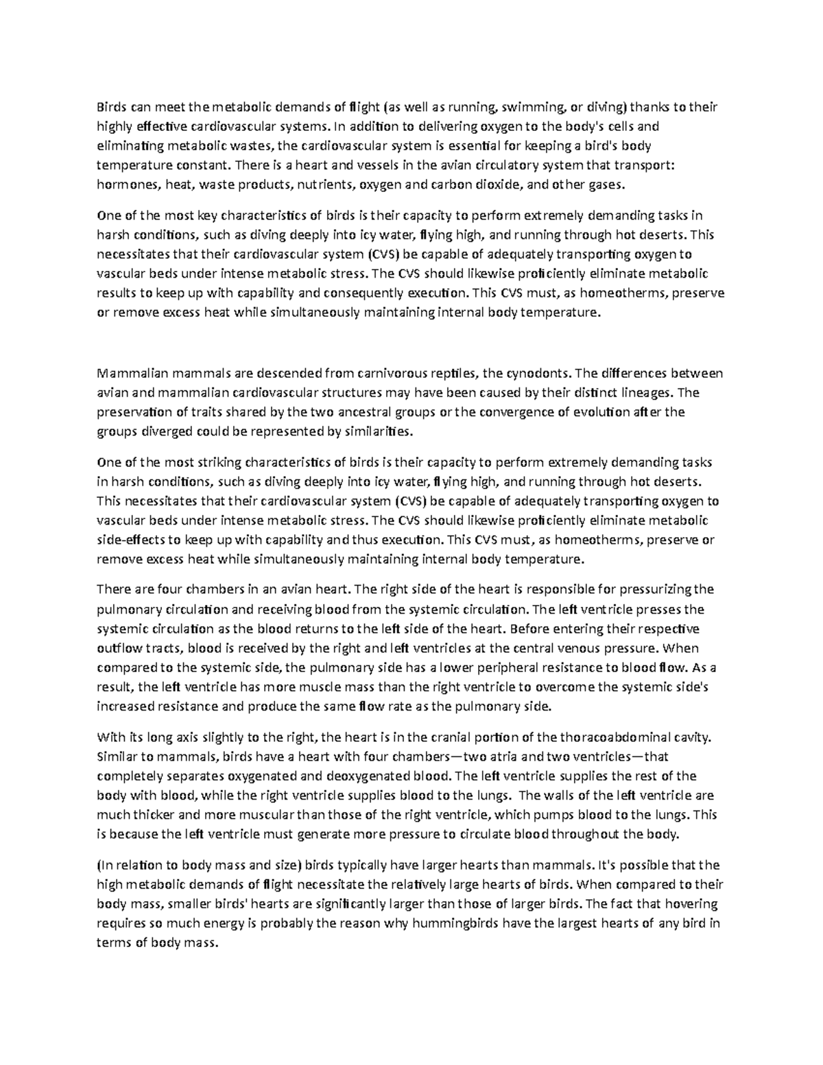 Avian circulation - Birds can meet the metabolic demands of flight (as ...