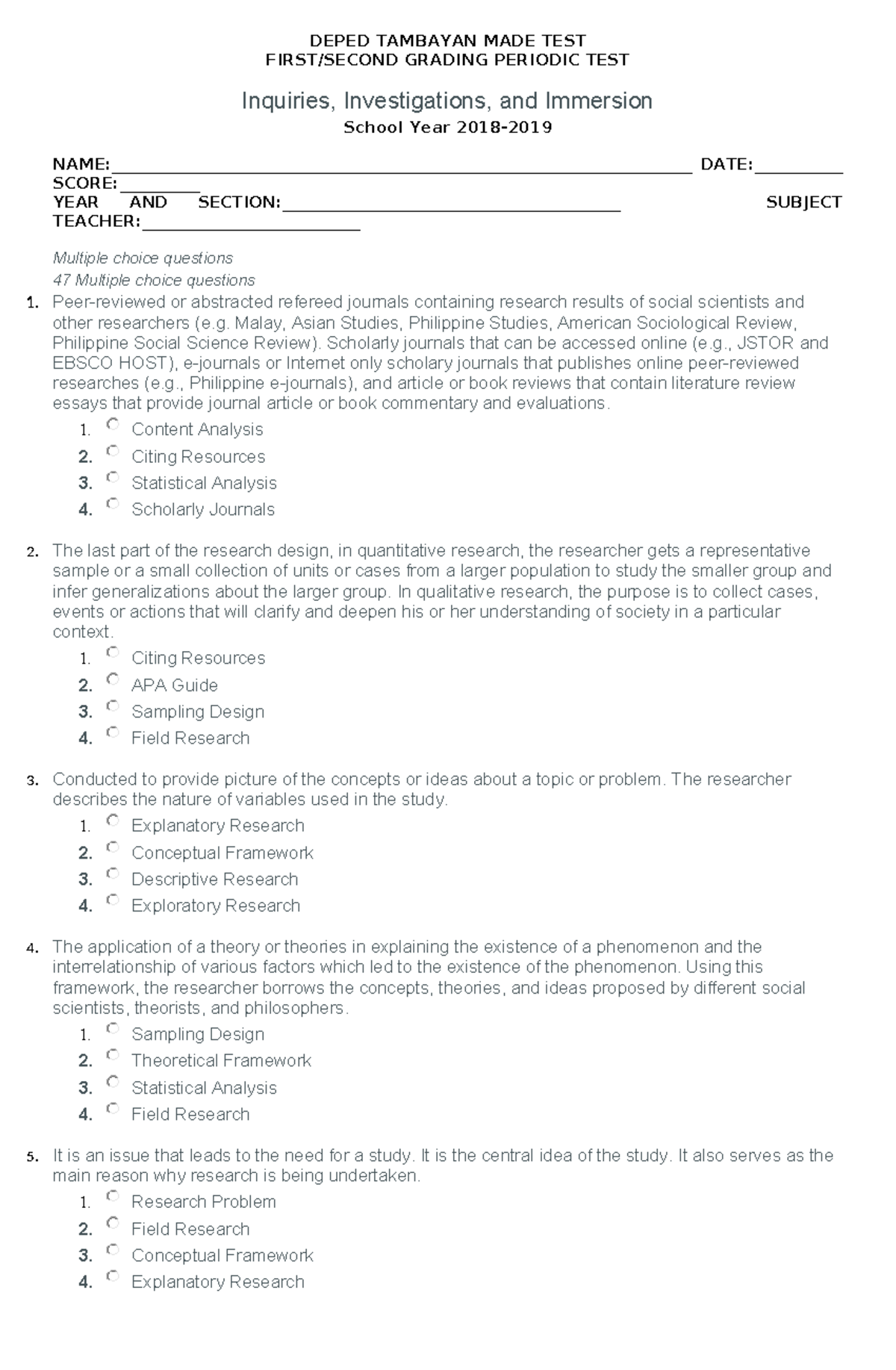 Inquiries, Investigations, and Immersion - DEPED TAMBAYAN MADE TEST ...