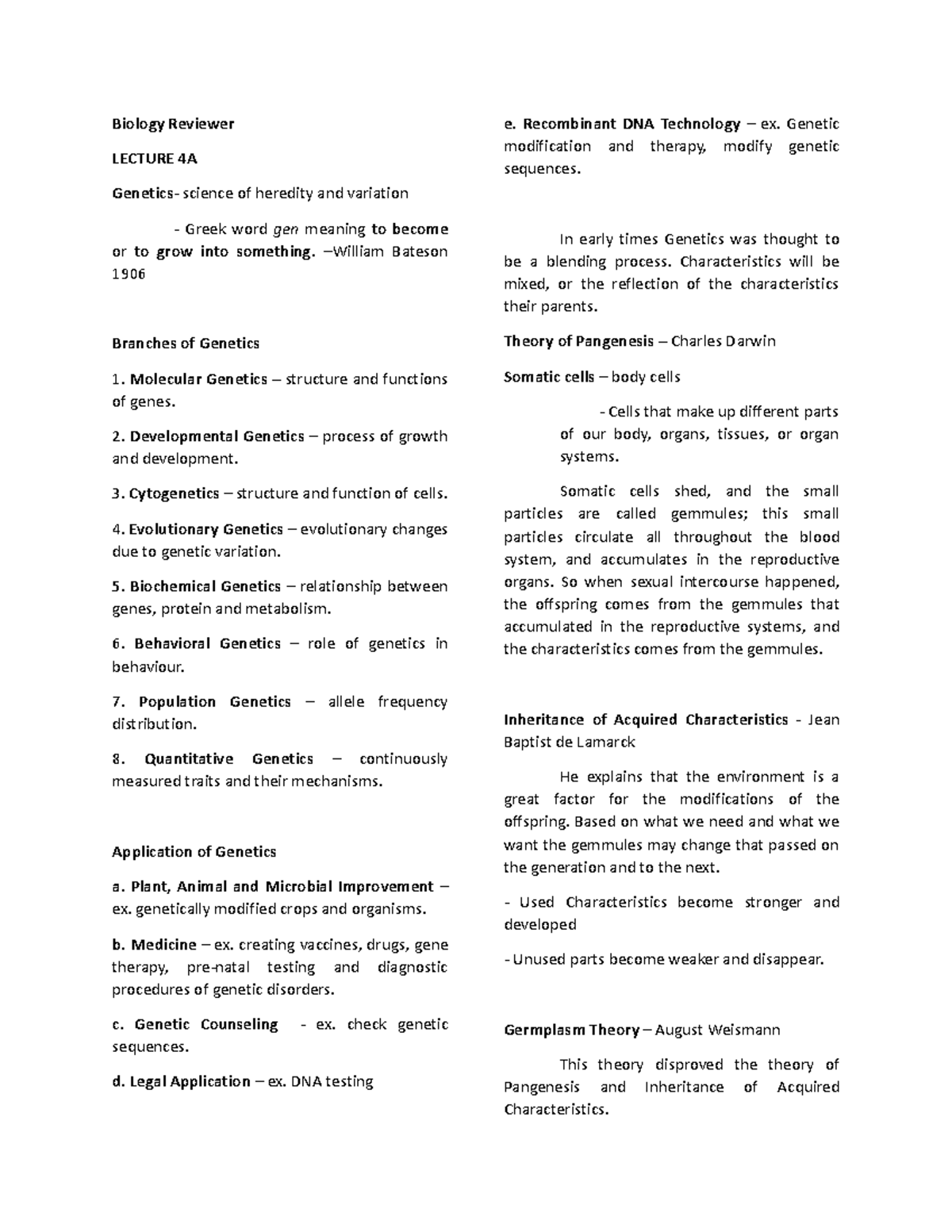 Biology Reviewer Finals - Biology Reviewer LECTURE 4A Genetics- science ...