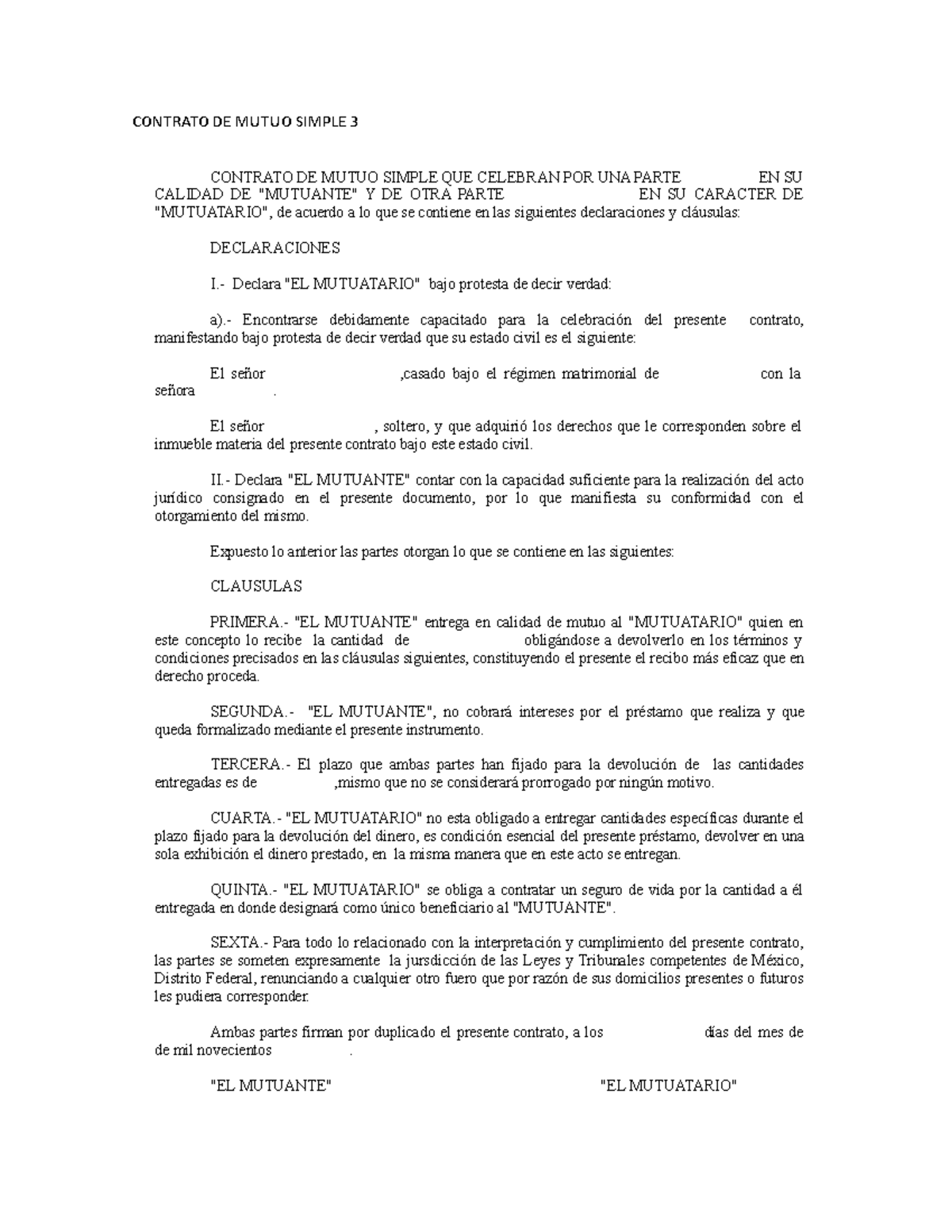 Contrato DE Mutuo Simple 3 - CONTRATO DE MUTUO SIMPLE 3 CALIDAD DE ...