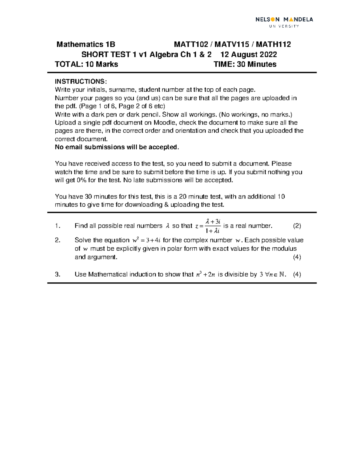 Mathematics 1B Short Test 1A - Mathematics 1B MATT102 / MATV115 / MATH ...