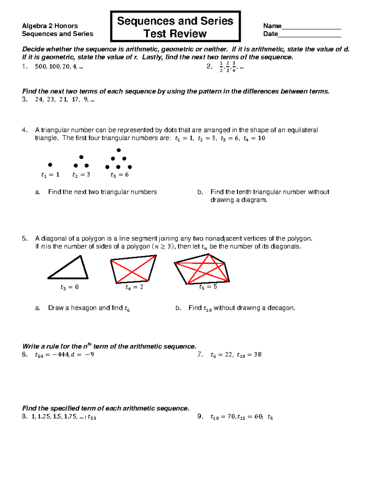 Sequences and Series Test Review 2017 - Algebra 2 Honors Name ...