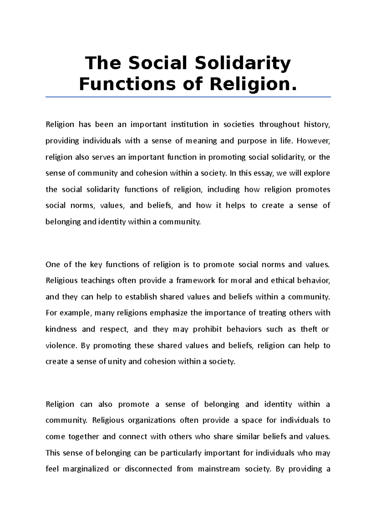 The Social Solidarity Functions of Religion - Religion has been an ...