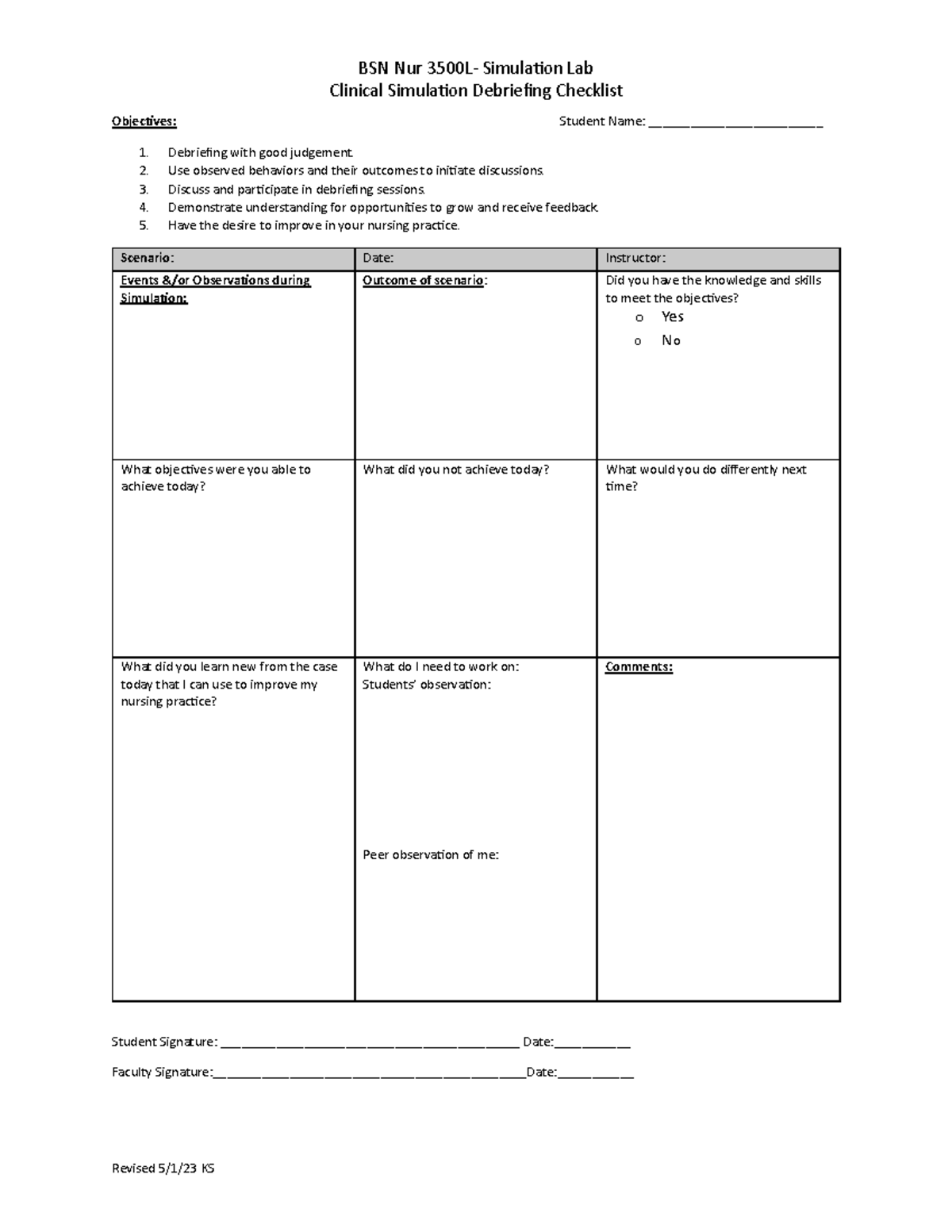 Nur 3500L Clinical Simulation Lab Debriefing Checklist - BSN Nur 3 5 ...