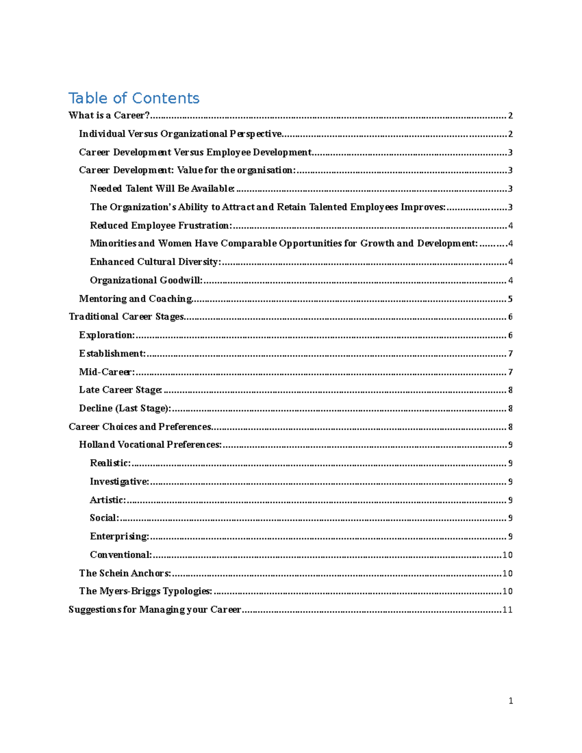 HR Final Report - Table of Contents What is a Career? - Studocu