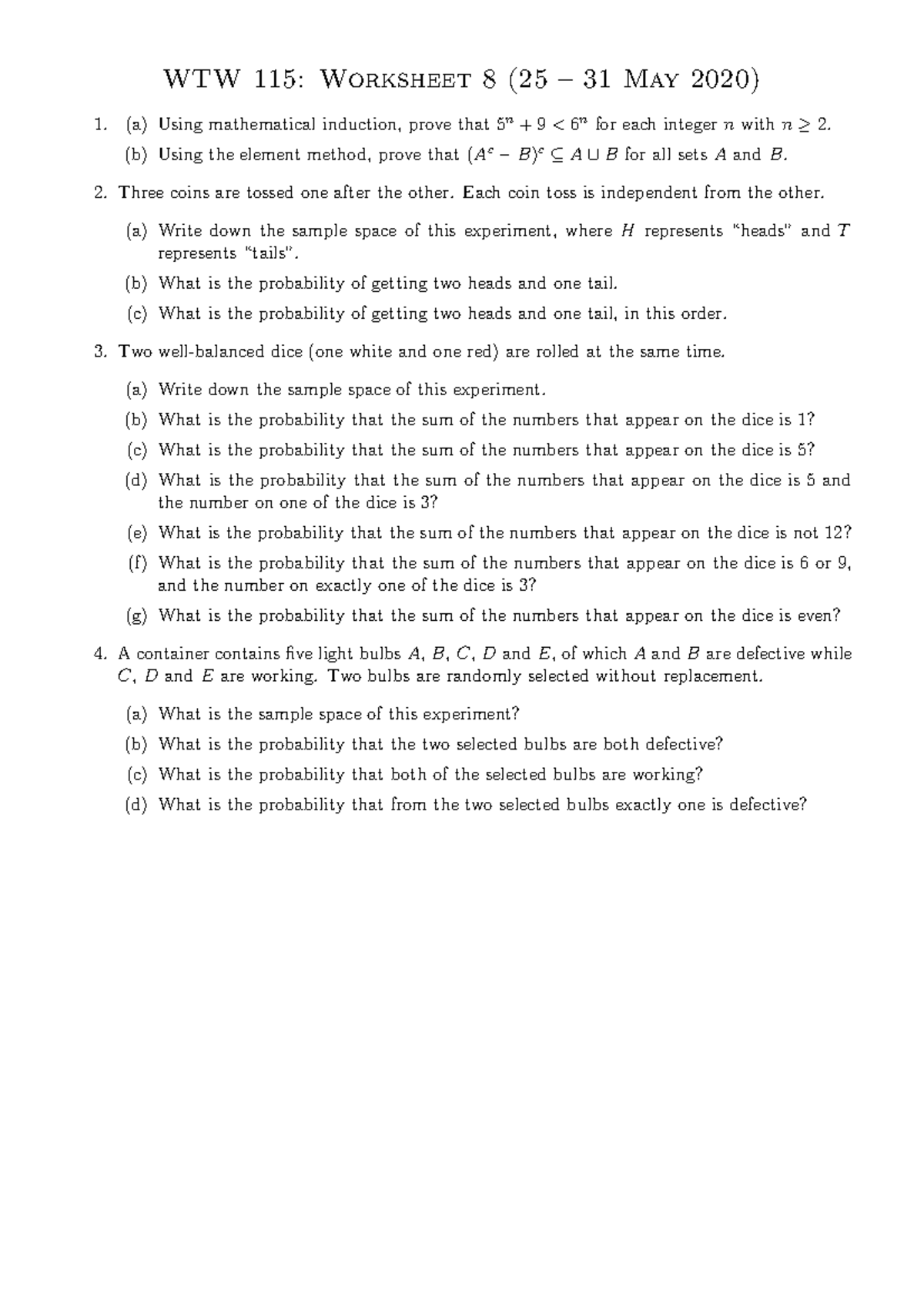 WTW 115 Worksheet 8 (2020) - WTW 115: Worksheet 8 (25 – 31 May 2020) (a ...
