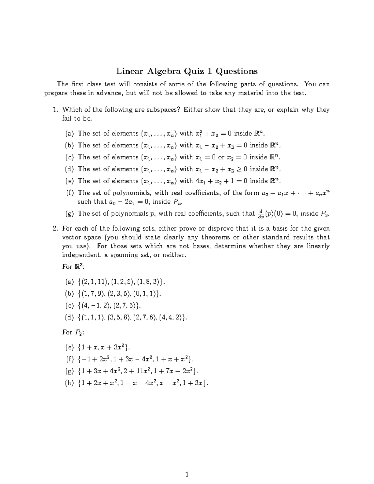 Quiz October 2018, questions - Linear Algebra Quiz 1 Questions The ...