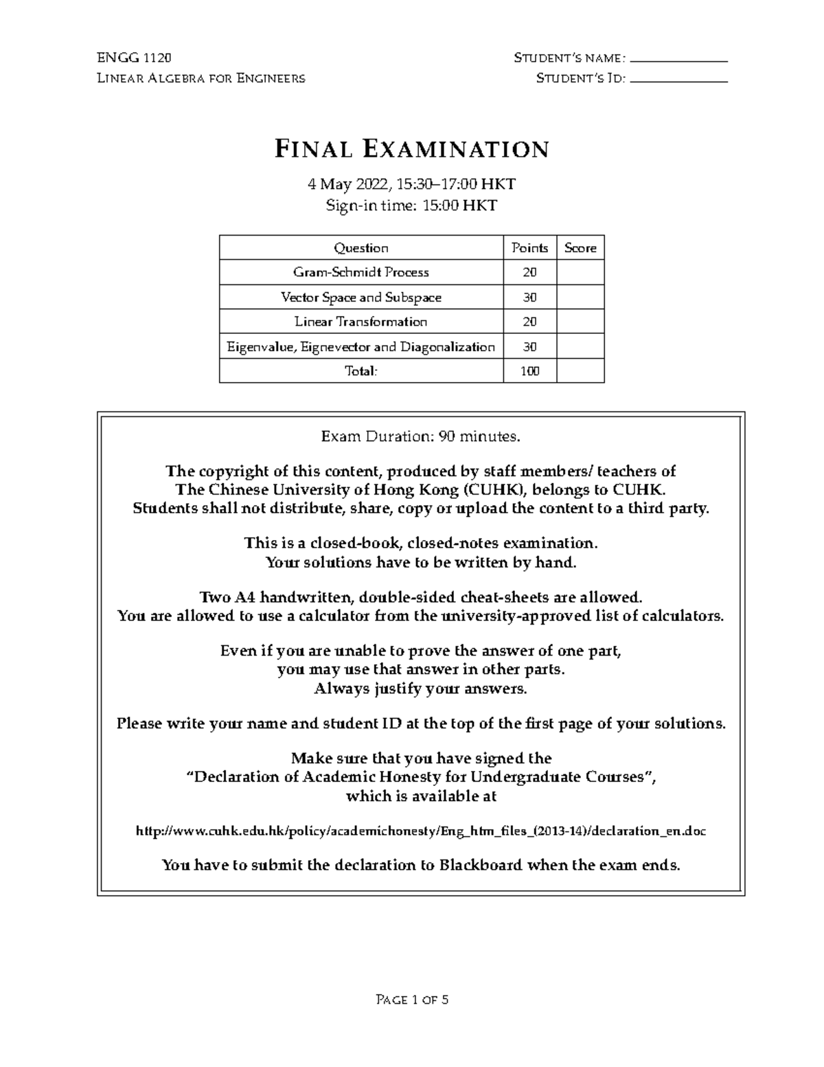 ENGG1120 Final exam Paper B - ENGG 1120 LINEARALGEBRA FORENGINEERS ...