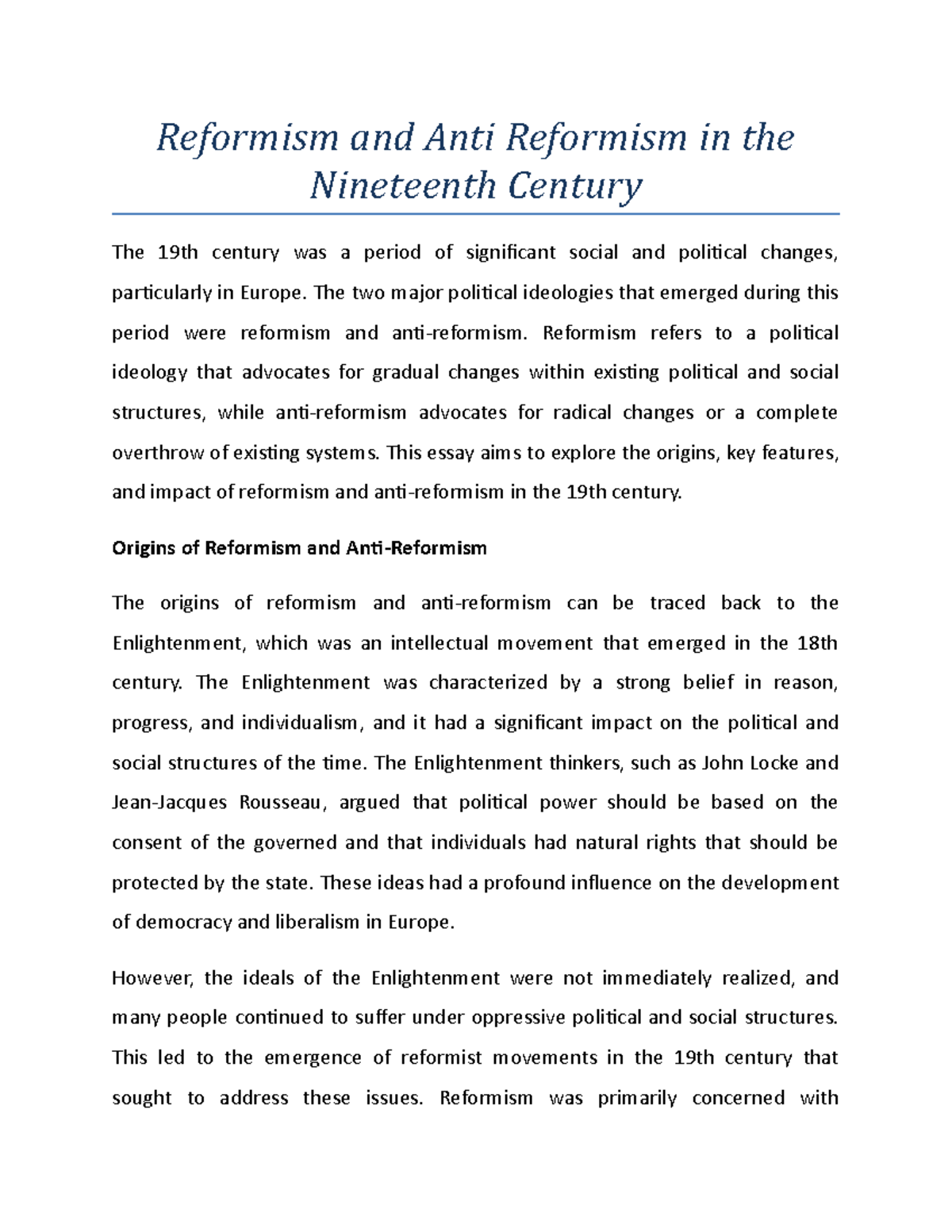 Reformism and Anti Reformism in the Nineteenth Century - The two major ...