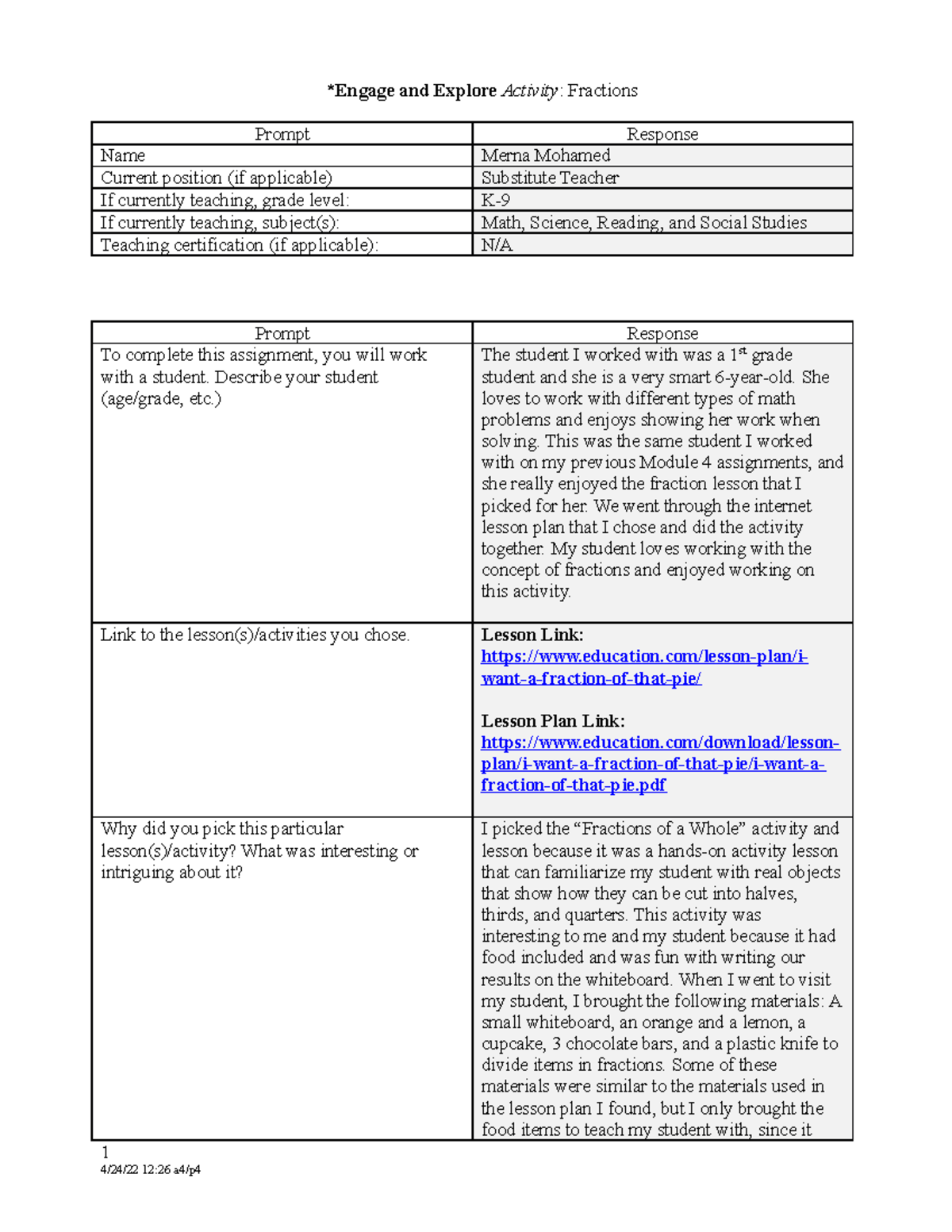 Engage and Explore Activity Fractions - *Engage and Explore Activity ...