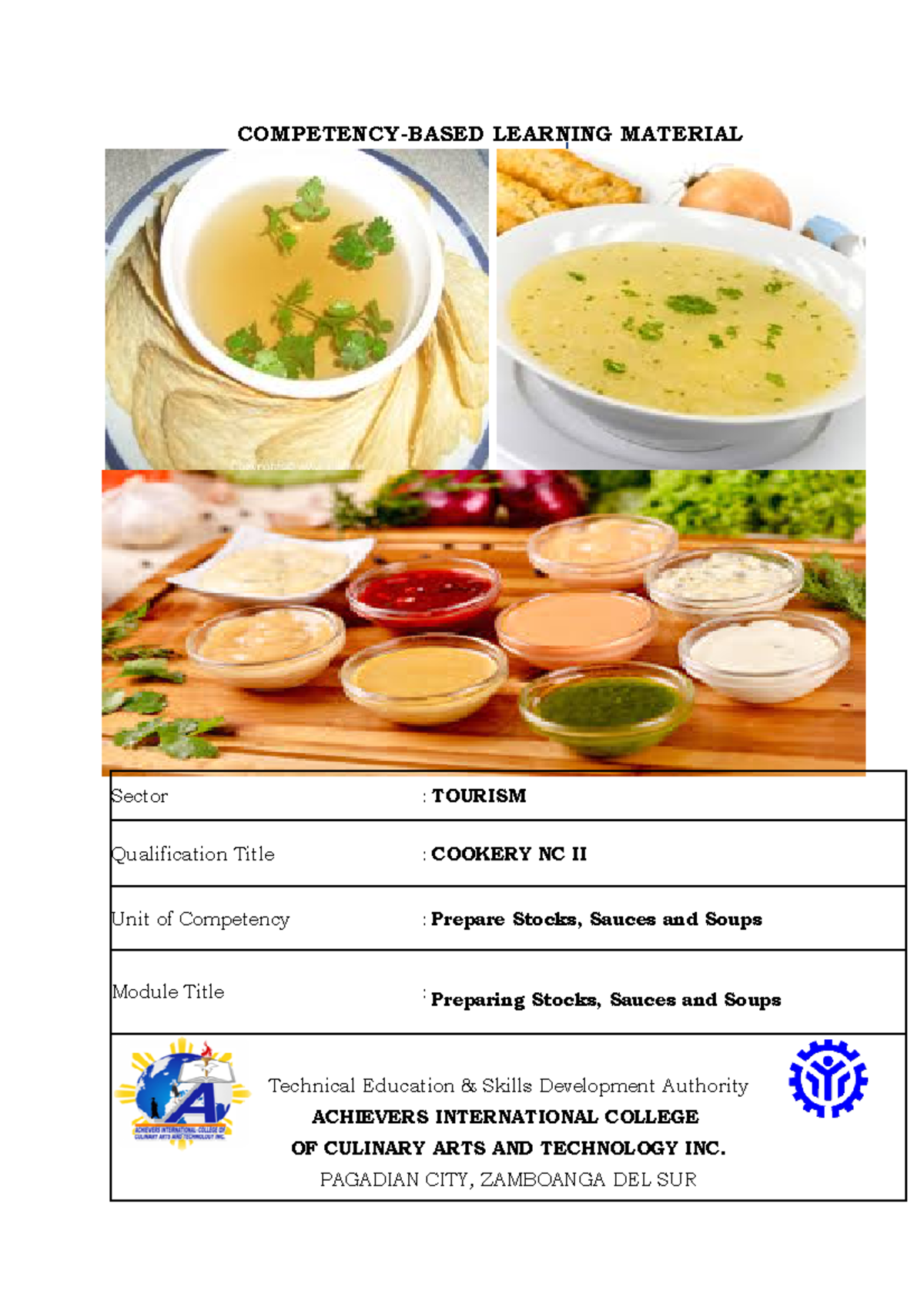 Toaz - NOTE - COMPETENCY-BASED LEARNING MATERIAL Sector : TOURISM Qualification Title : COOKERY ...