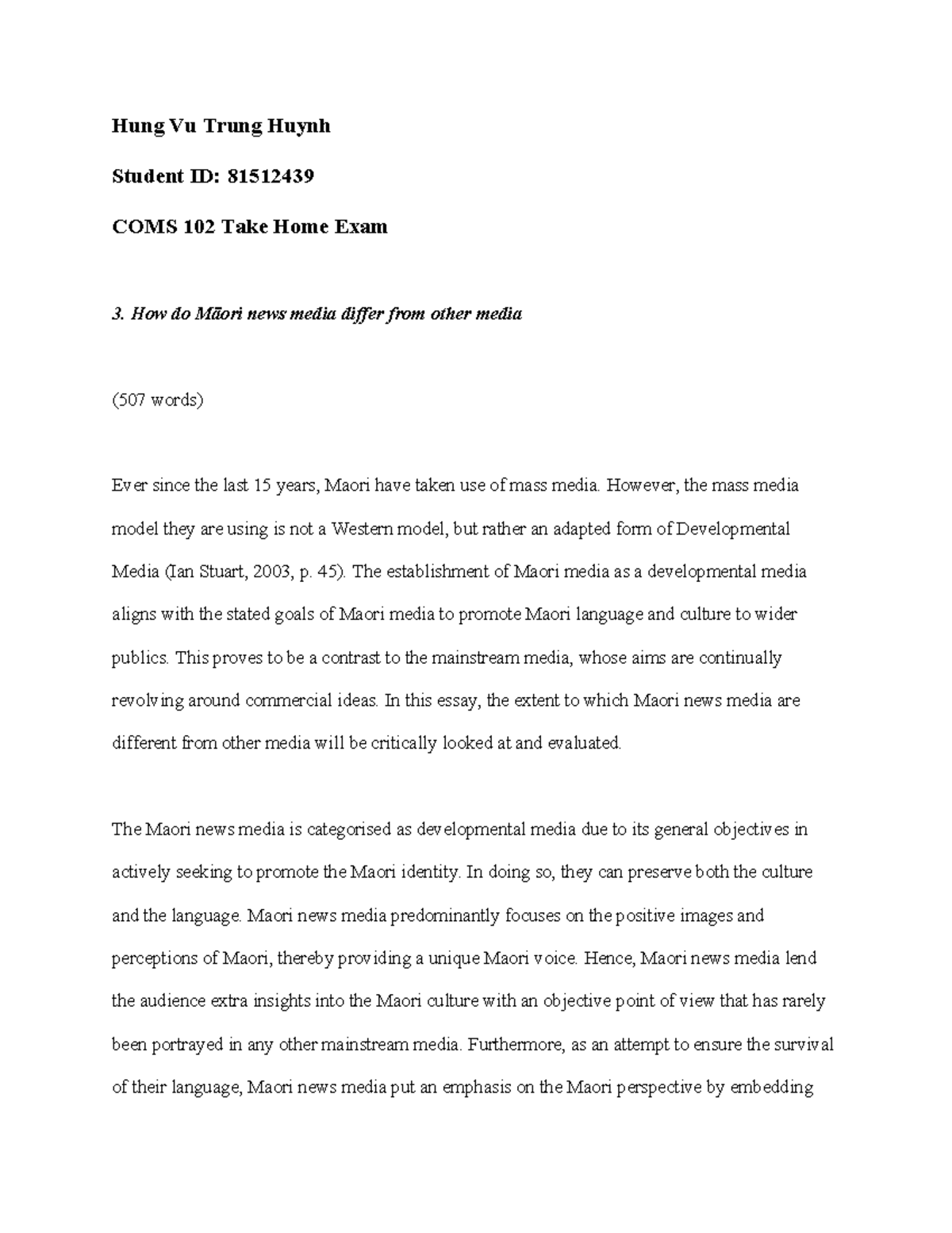 Coms 102 Exam - Hung Vu Trung Huynh Student ID: 81512439 COMS 102 Take Home Exam How do Māori ...