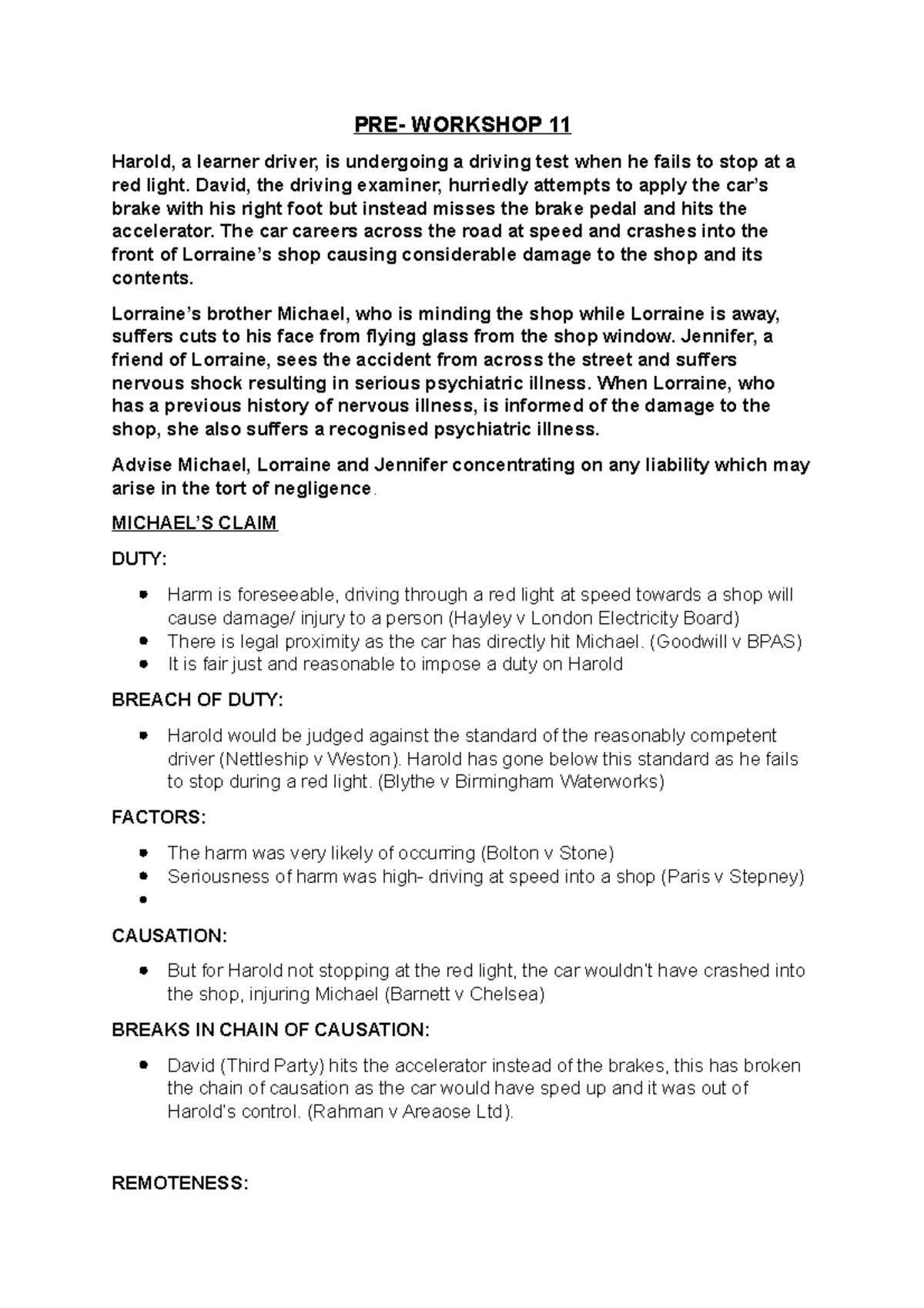 Prewshop 11 - PRE- WORKSHOP 11 Harold, a learner driver, is undergoing ...