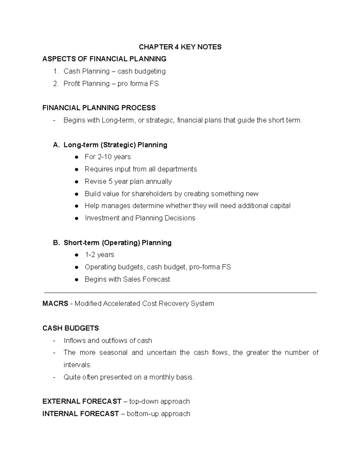 CH4 Fin12 Long And Short-term Financial Planning - CHAPTER 4 KEY NOTES ...