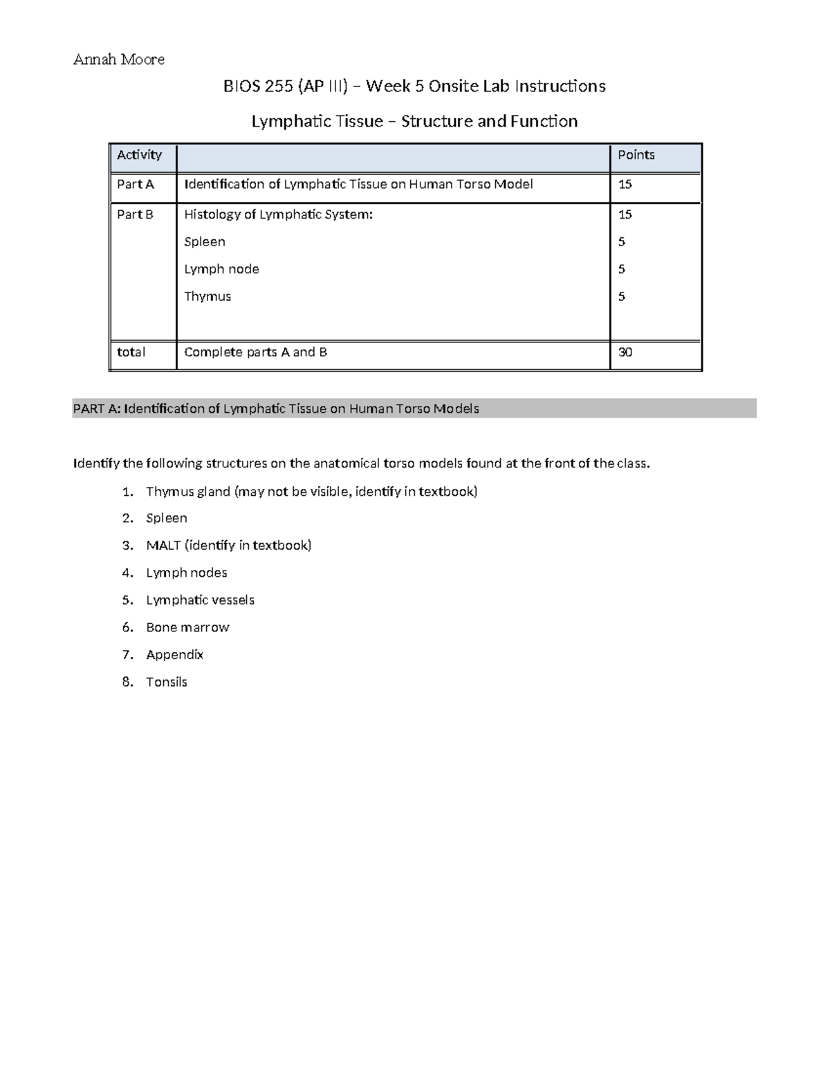 BIOS 255 Week 5 Lab Instructions-Lymphatic System - BIOS 255 (AP III) – Week 5 Onsite Lab - Studocu
