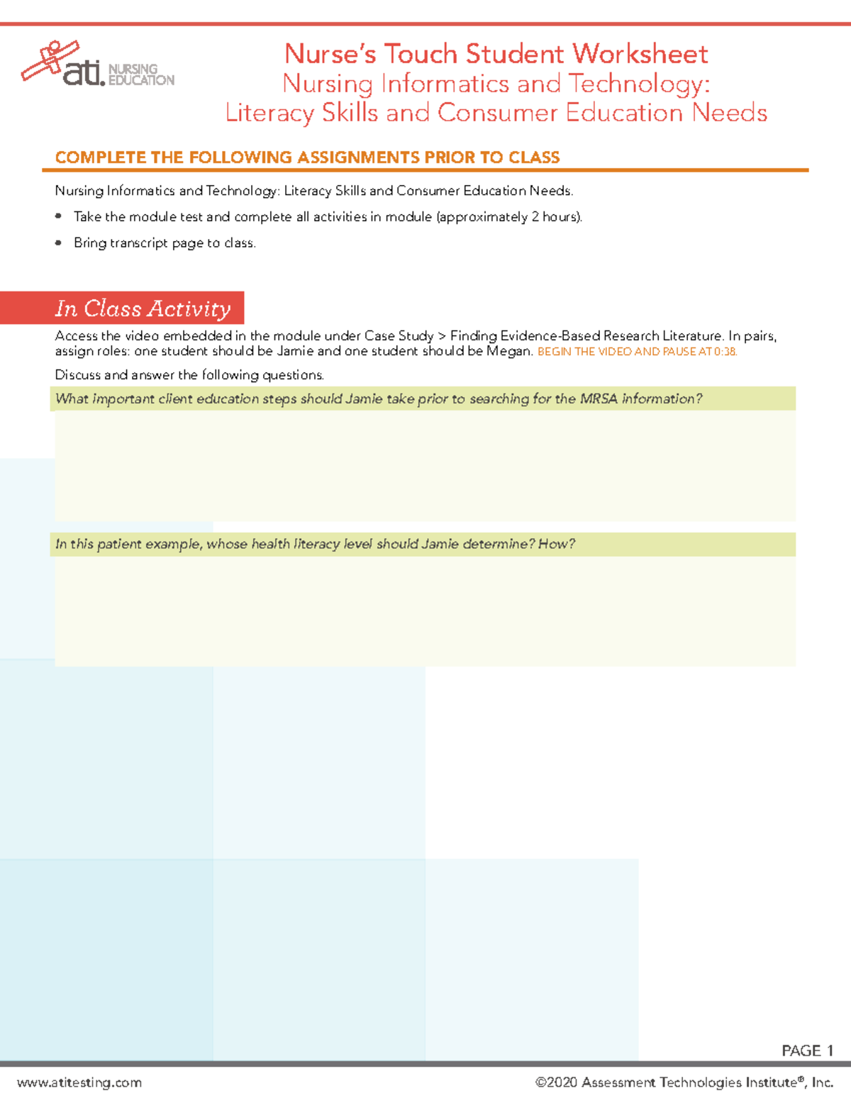 ATI Nurses Touch Student Worksheet Nursing Informatics and Technology ...