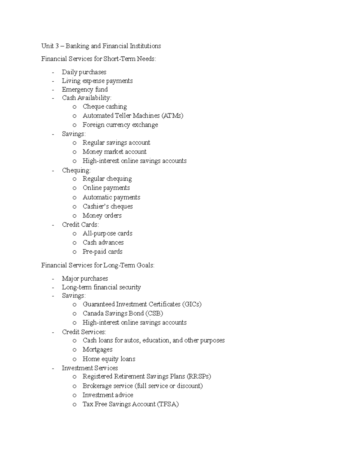 Unit 3 – Banking and Financial Institutions - Unit 3 – Banking and ...