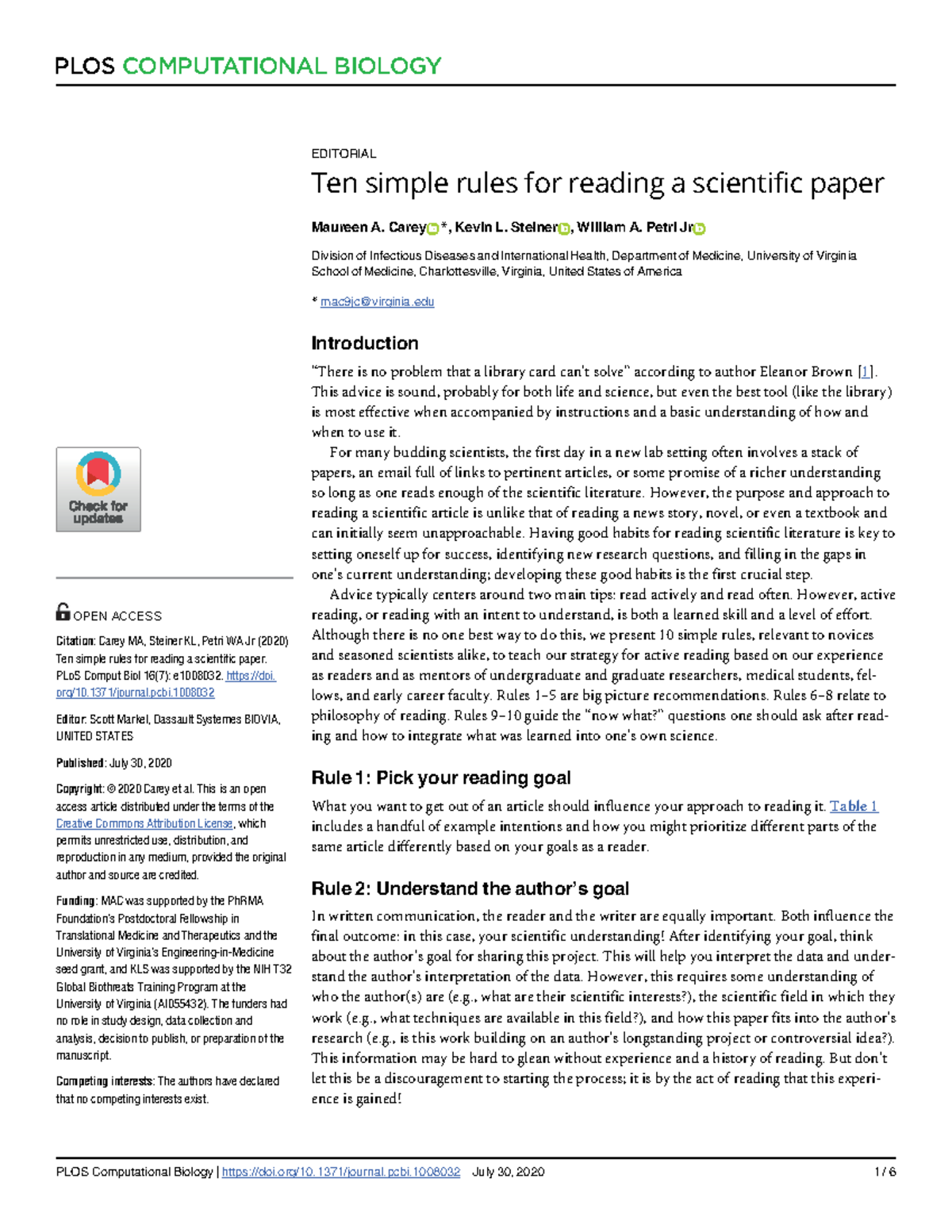 Ten Rules Reading Science Papers Ploscomp Bio 20 - EDITORIAL Ten simple ...