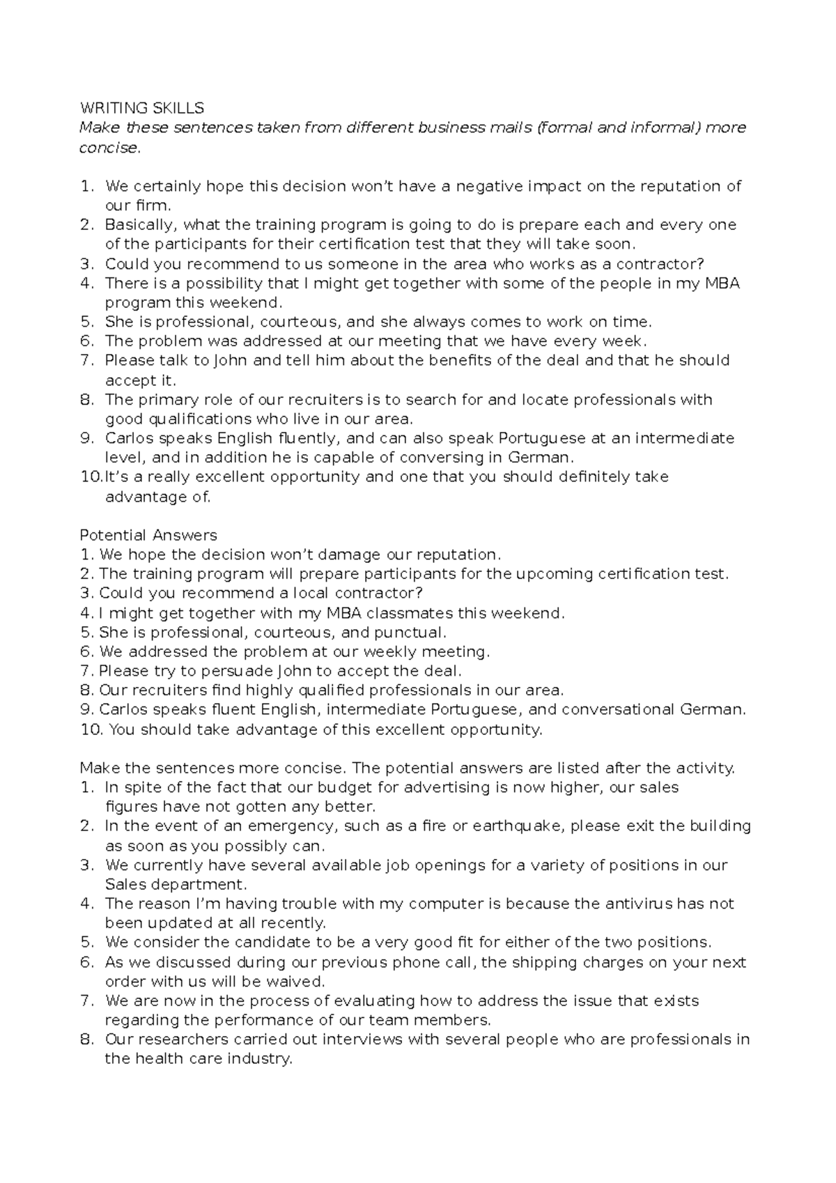 Writing Skills - concise writing with key - WRITING SKILLS Make these ...